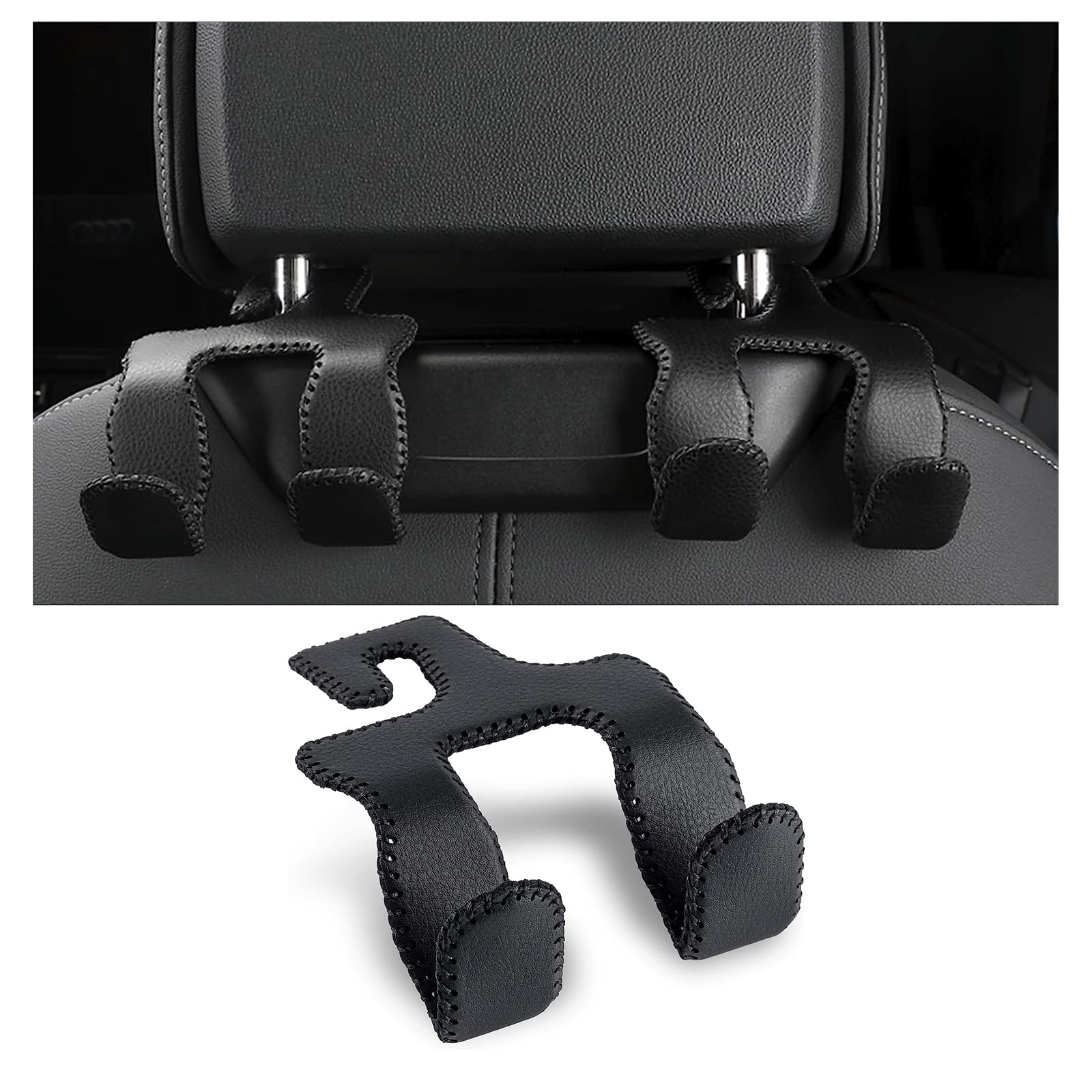 Kewucn Upgraded Car Seat Headrest Hook, Durable Leather Auto Back Seat Hangers Storage Organizer, Universal Vehicle Interior Accessories for Hanging Purses, Umbrellas, Bags, Coats (Black)