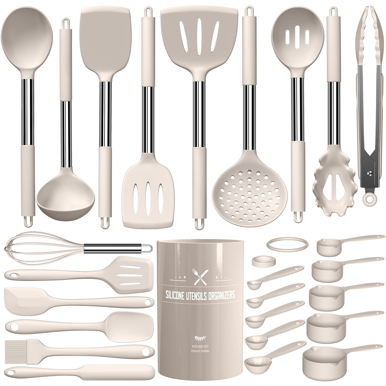 Large Silicone Kitchen Utensils Set, Umite Chef Heat Resistant Cooking Utensil with Stainless Steel Handle, Spatula, Spoon, Khaki Silicone Cooking Utensil for Nonstick Cookware, Dishwasher Safe