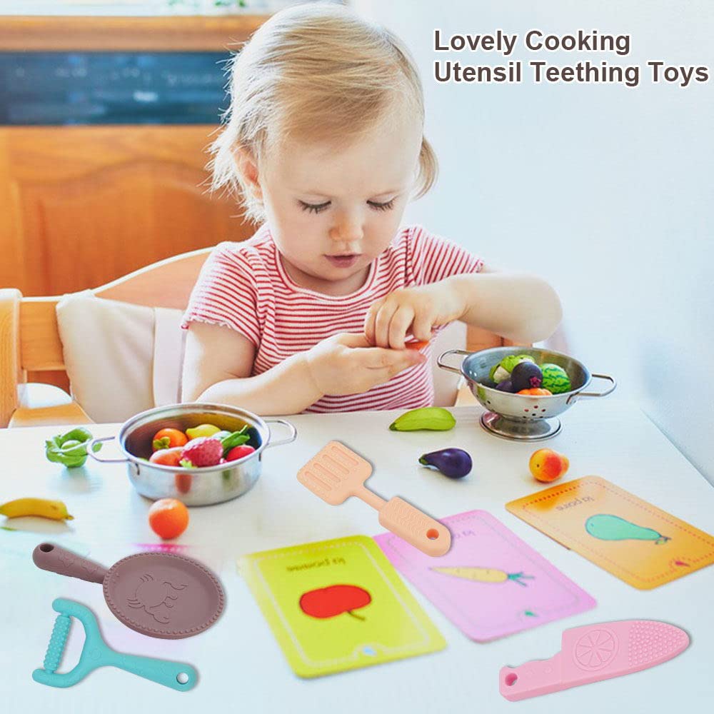 Sactulaz 0-BPA silicone culinary kitchen utensil baby teething toys,Chef cooking role playing games training for baby girls boys,Molar chewing freezer teether toys for 6-12 Months infants,kids,4 Pack