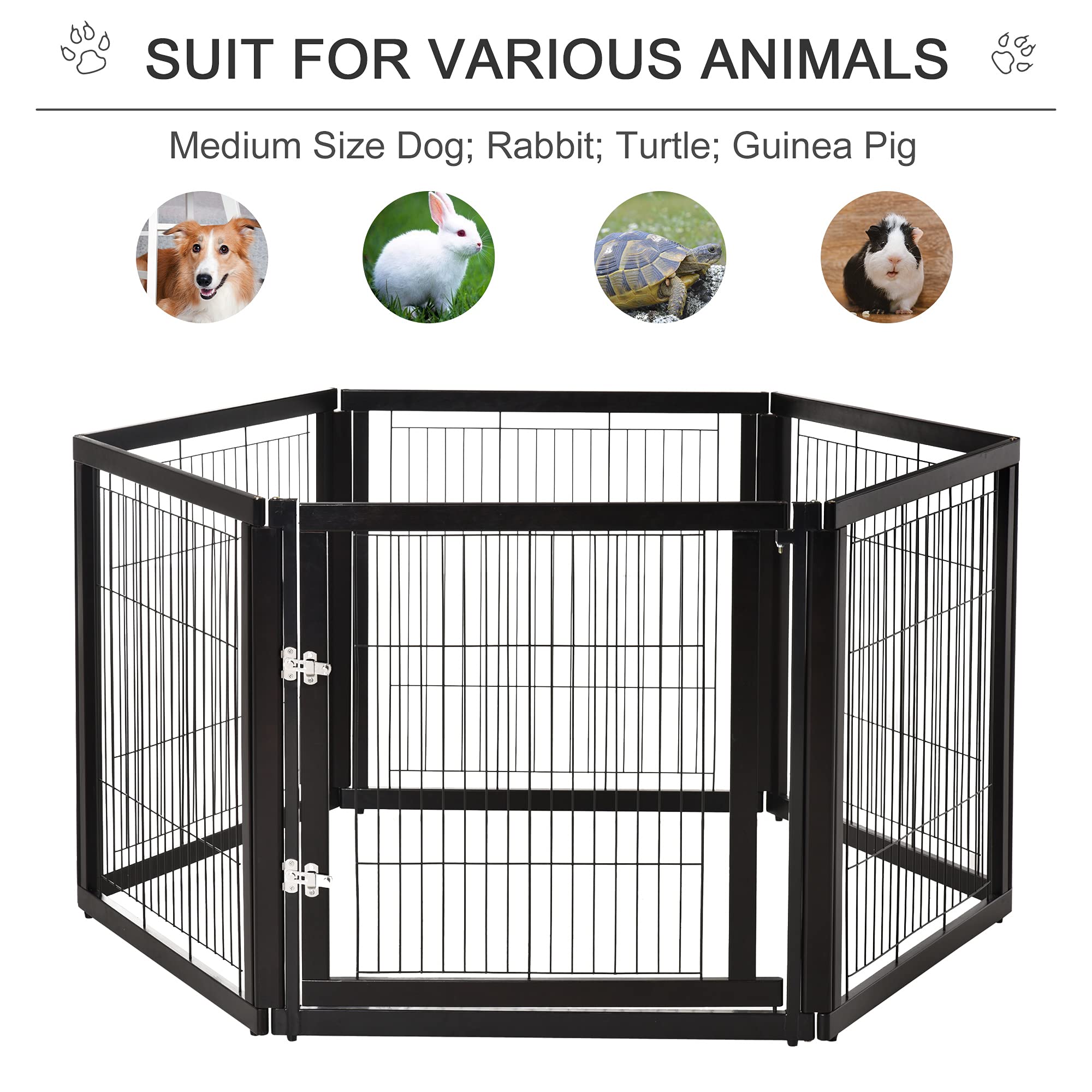PawHut Transformable Pet Playpen 6 Freestanding Panels Gate Fireplace Christmas Tree Fence Stair Barrier Room Divider with Walk Through Door Wooden Frame Metal Mesh Black 63'' x 54.5'' x 31.5''