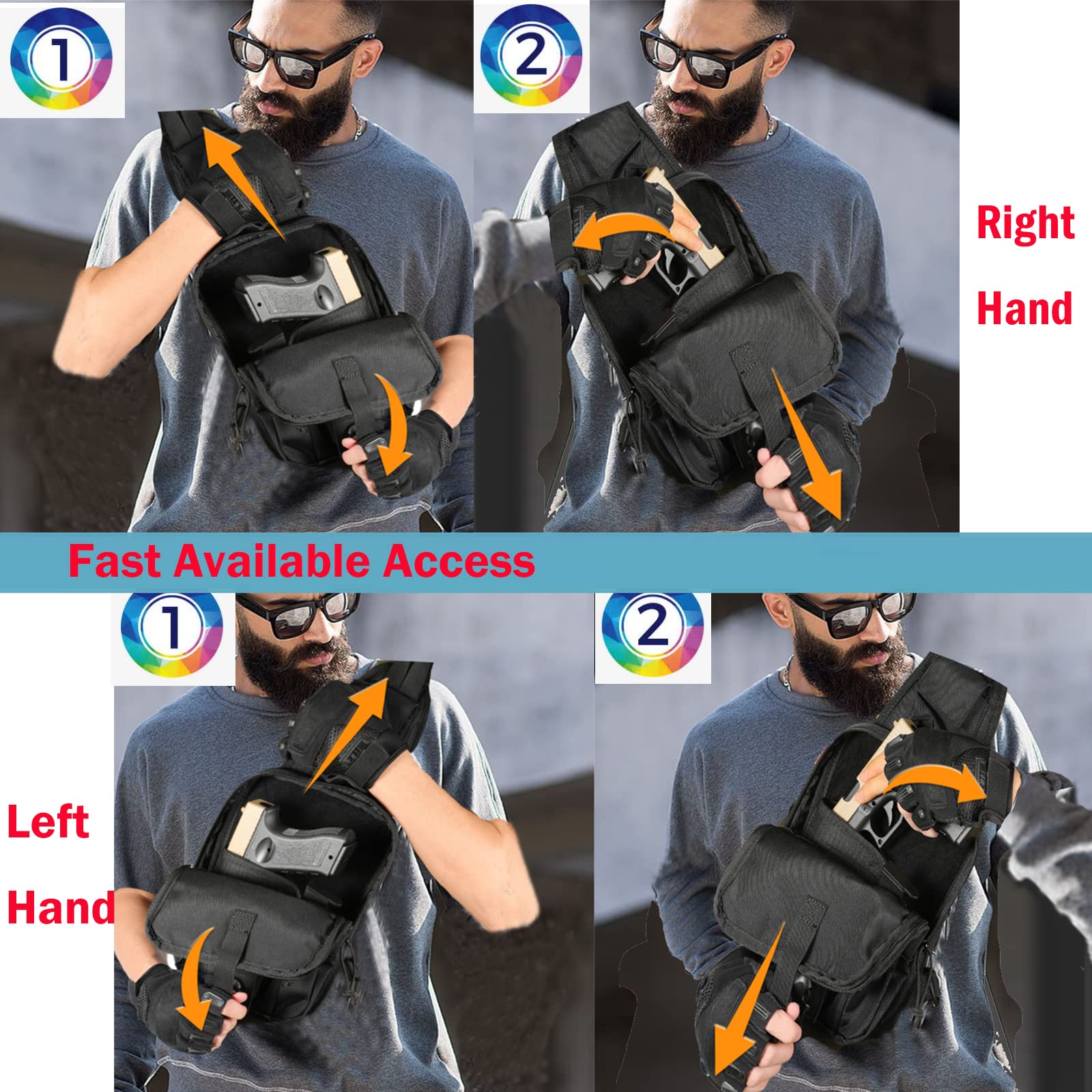 LarKoo Tactical Chest Sling Pistol Bag Concealed Carry Handgun Chest Crossbody Pack Holster Shoulder Bag for Right Left Hand Ambidextrous