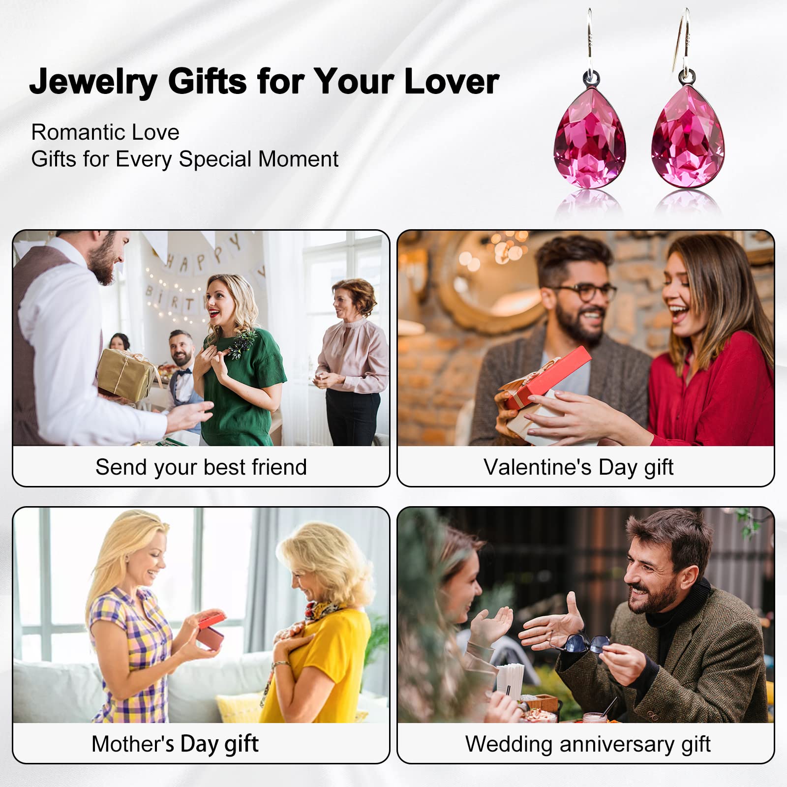 Pink Dangle Earrings for Women, 925 Sterling Silver White Gold Plated Austrian Pink Crystal Drop Earrings