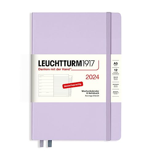 LEUCHTTURM1917 367702 Weekly Calendar & Notebook Medium (A5) 2024, with Extra Book for Addresses and Anniversaries, Lilac, German, 12 Months