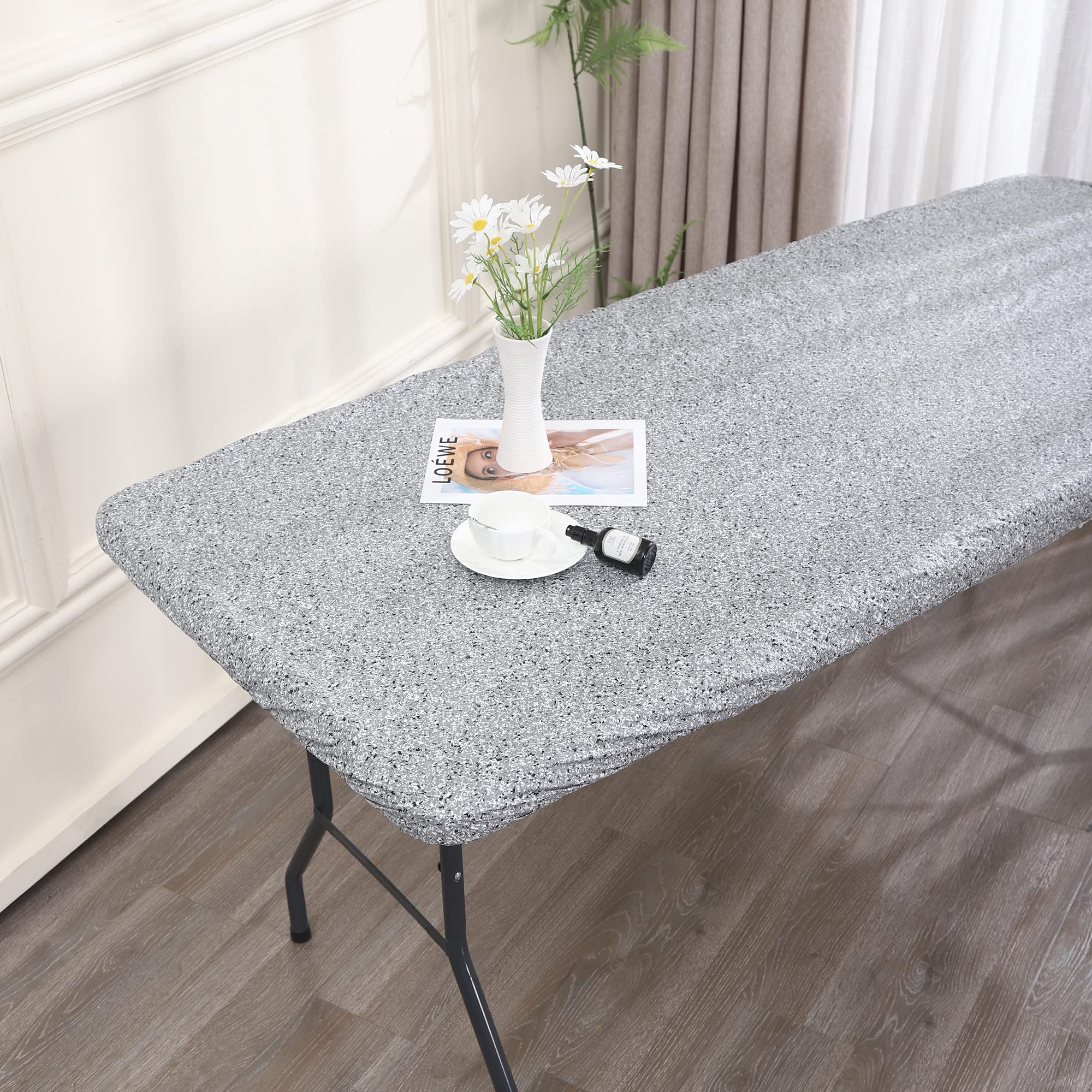 Tablecloth for Folding Table-Elastic Edged Flannel Backed Vinyl Fitted Table Cover Waterproof Oil-Proof PVC Table Cloth Stain-Resistant Wipeable (Gray Granite, 6Ft-30 x 72 Inch Rectangle Tight Fit)