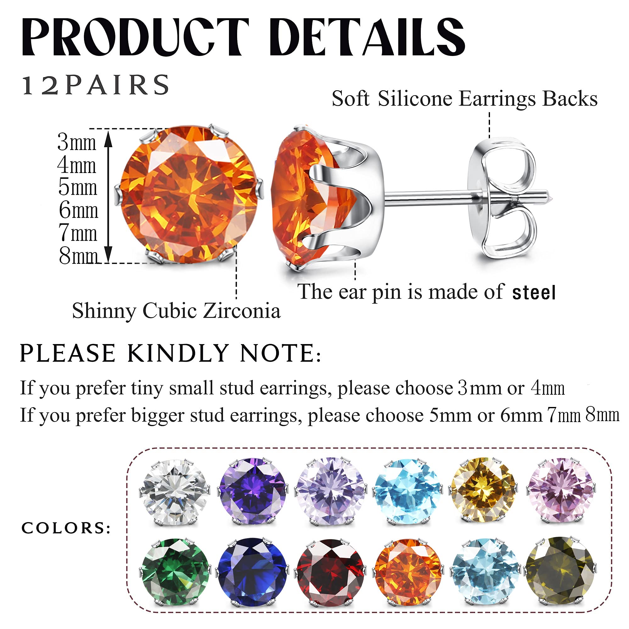 Jstyle Hypoallergenic Stud Earrings for Women Men Surgical Stainless Steel Birthstone Earrings Studs Colorful Cubic Zirconia Earrings Set Womens small Stud Post Earrings for Sensitive Ears