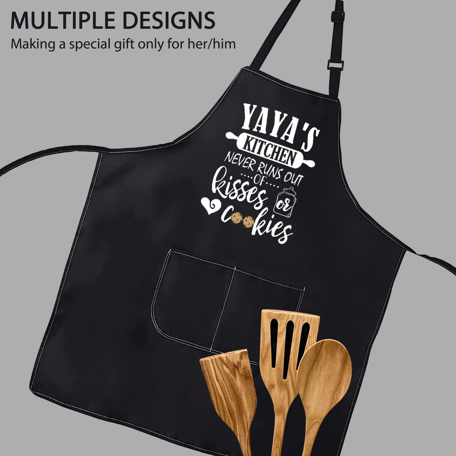 POFULL Yaya Gift Yaya Birthday Apron Yaya's Kitchen Never Runs Out Of Kisses and Cookies (Yaya's Kitchen Apron)