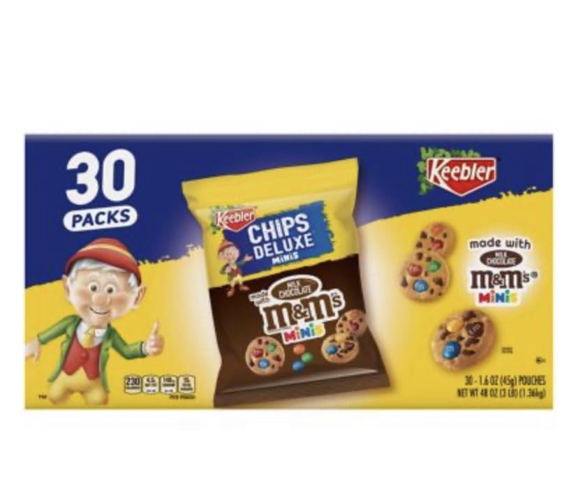 Keebler On-the-Go Rainbow Chips Deluxe Cookies | Individually Wrapped, Mini Chocolate Chip Keebler Cookies with Real M&M's | Rainbow Mini Cookies, Travel Snacks | 30 packs, 48 oz Box
