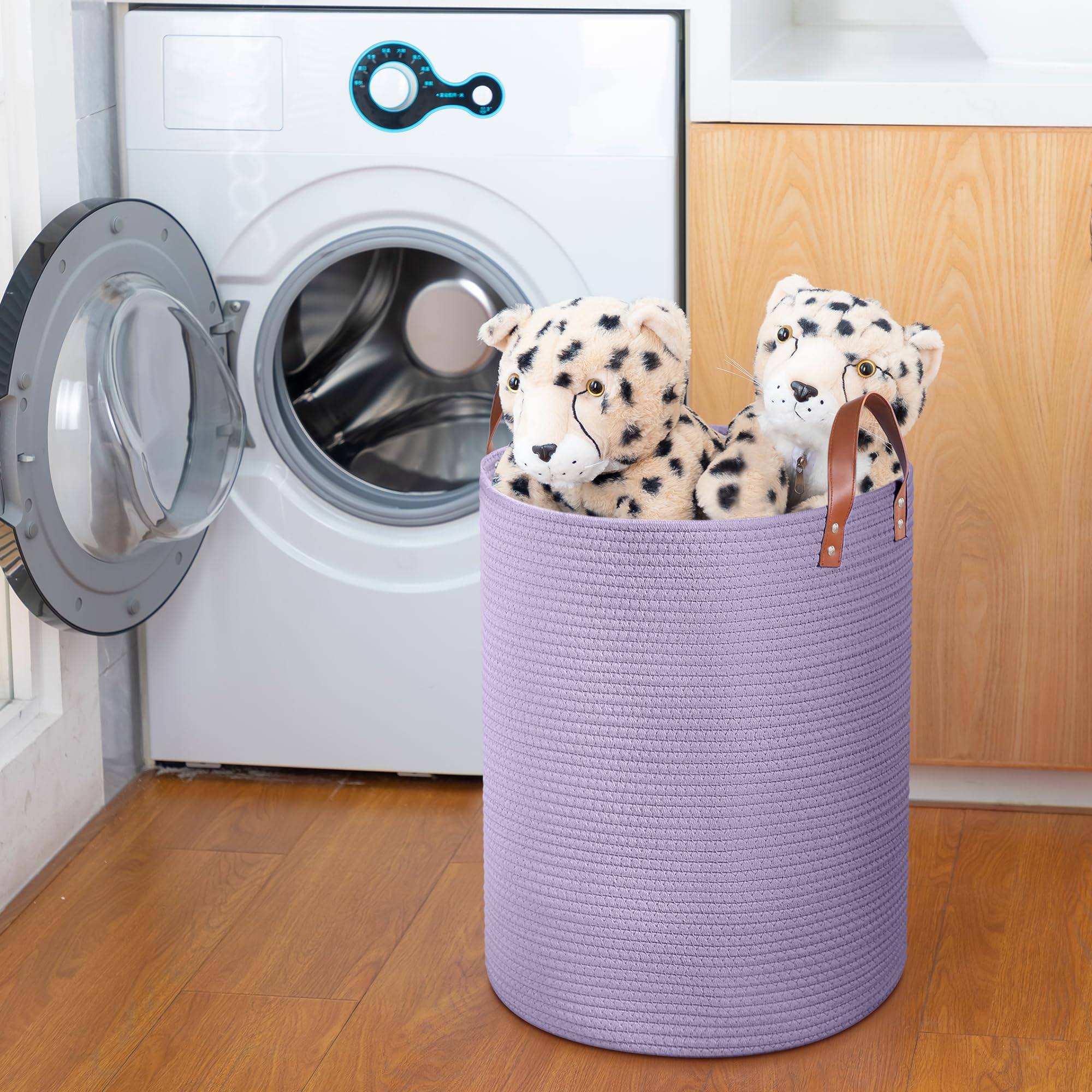 wymulot 80L Large Rope Basket, Woven Rope Storage Basket with Leather Handles, Dog Toy Storage Basket, Bedroom, Nursery Blanket Storage, Bathroom Laundry Basket, 16βx20β Tall Rope Basket (Purple)