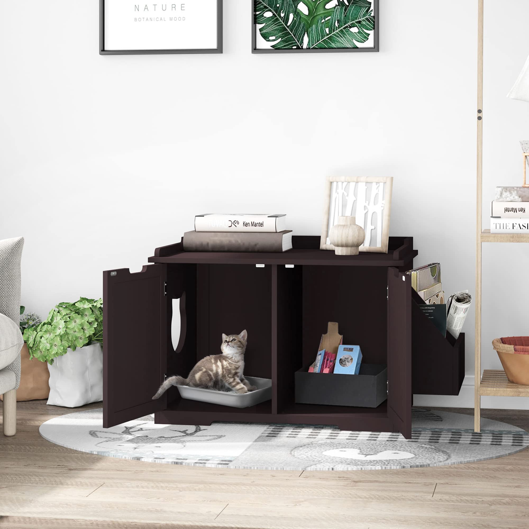 PawHut Wooden Cat Litter Box Enclosure, Hidden Cat Washroom, Kitten House with Nightstand End Table and Storage Rack Magnetic Doors, Brown