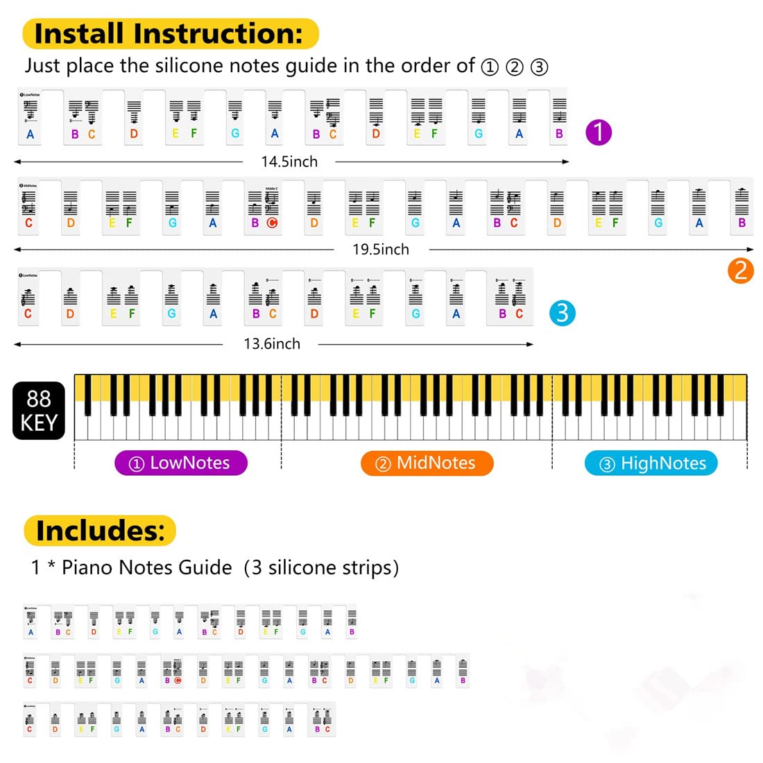 SAFITOYA Glow-in-The-Dark 88 Key Silicone Removable Piano Keyboard Note Labels - Perfect for Nighttime Practice Luminous Removable Piano Keyboard Note Labels Do Re Mi
