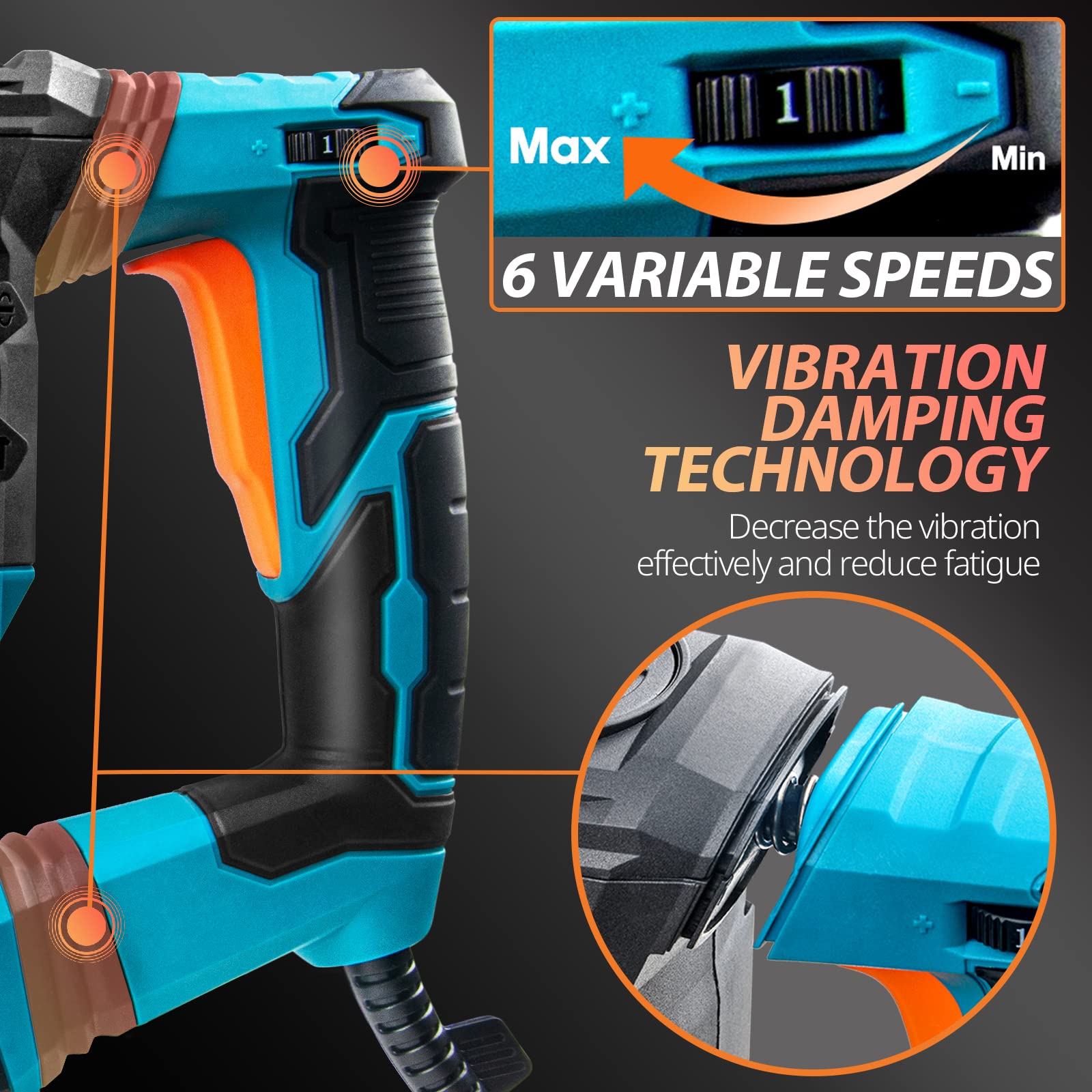 SHALL 1-1/4 Inch SDS Plus Heavy Duty Rotary Hammer Drill, 1500W Rotomartillo, 6 Variable Speeds, Flat Chisel, Point Chisel and 3 Drill Bits Included, for Drilling, Hammering, Chiseling, 0-950 RPM