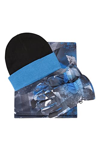 Mountain Warehouse Kids Ski Accessory Set - Water-Resistant Gloves, Reversible Beanie, Neck Gaiter Blue Small