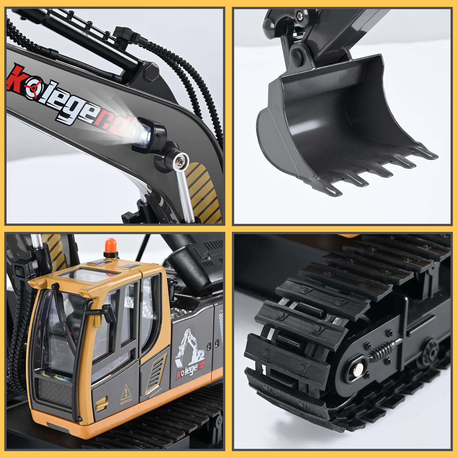 kolegend 3 in 1 Remote Control Excavator with Grab Drill Metal Shovel, 15 Channel Full Functional Construction Tractor, 1/14 Excavator Toy Truck RC Vehicles