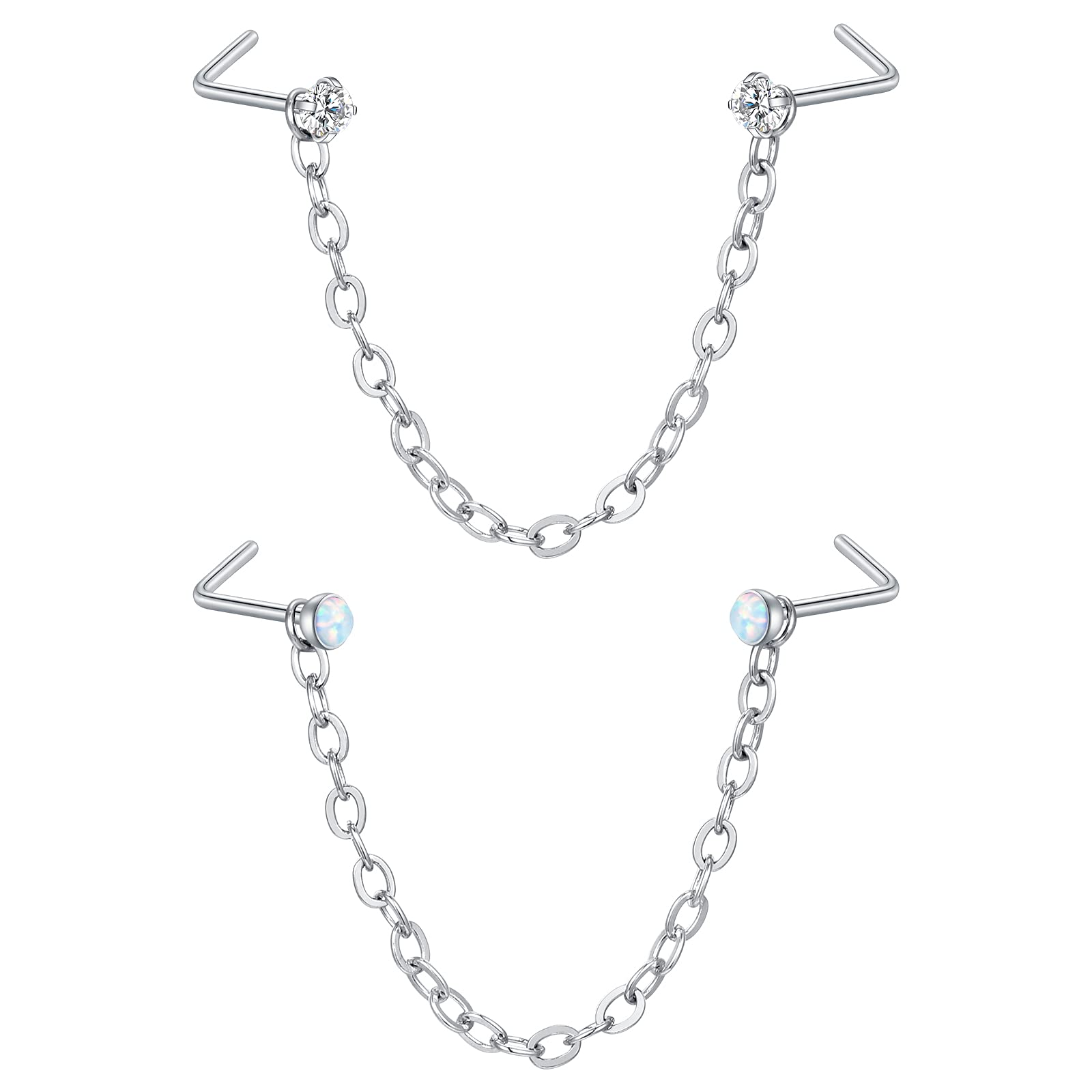 MODRSA Nose Chain Piercing Across Nose Double Nose Stud Chain Across Nose Studs with Chain Surgical Steel Nose Ring Stud 20g Nose Stud Diamond Nose Stud L Shaped Nose Piercing Stud Nostril Jewelry