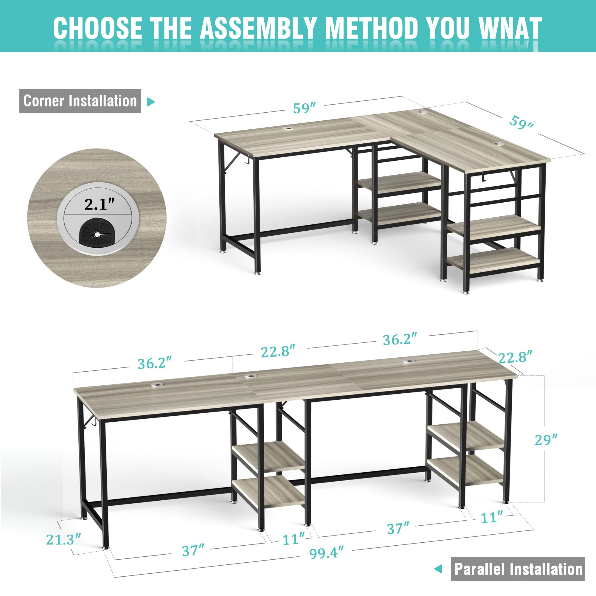 JSungo L Shaped Desk with Storage, 95 Inch Gaming Table for Small Space, Long Writing Table for 2 Persons for Home Office, Study Worktation with PC Shelves and Hook, Grey Oak