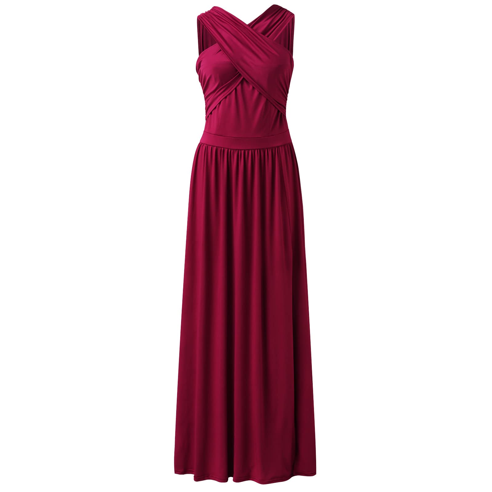 Pinkpaopao Deep V Neck Maxi Dress for Women Solid Color Elegant Swing Dress High Waisted Side Split Long Beach Dress