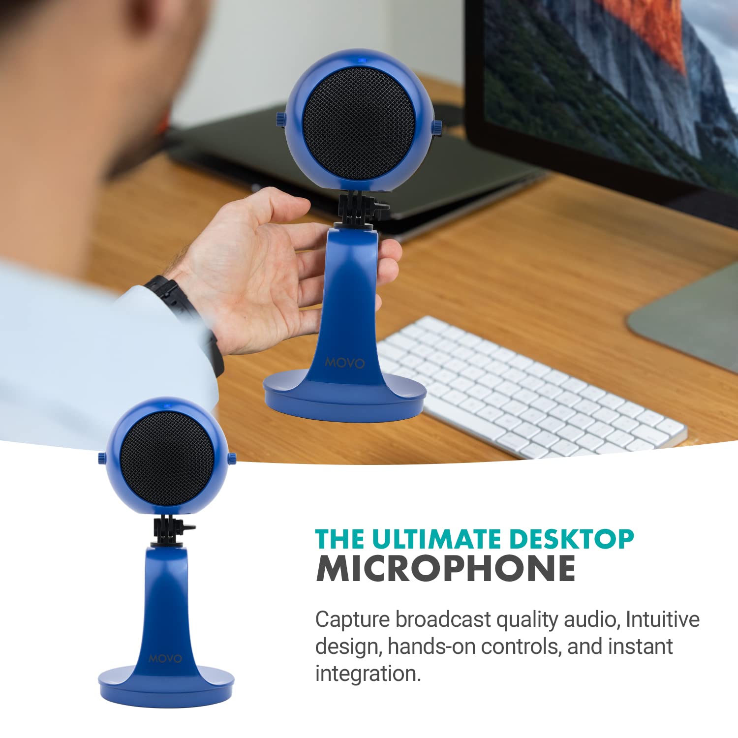 Movo WebMic USB Microphone with Desktop Stand, Royal Blue, Cardioid Condenser, for PC and Mac, with Mic Gain and Headphone Monitoring