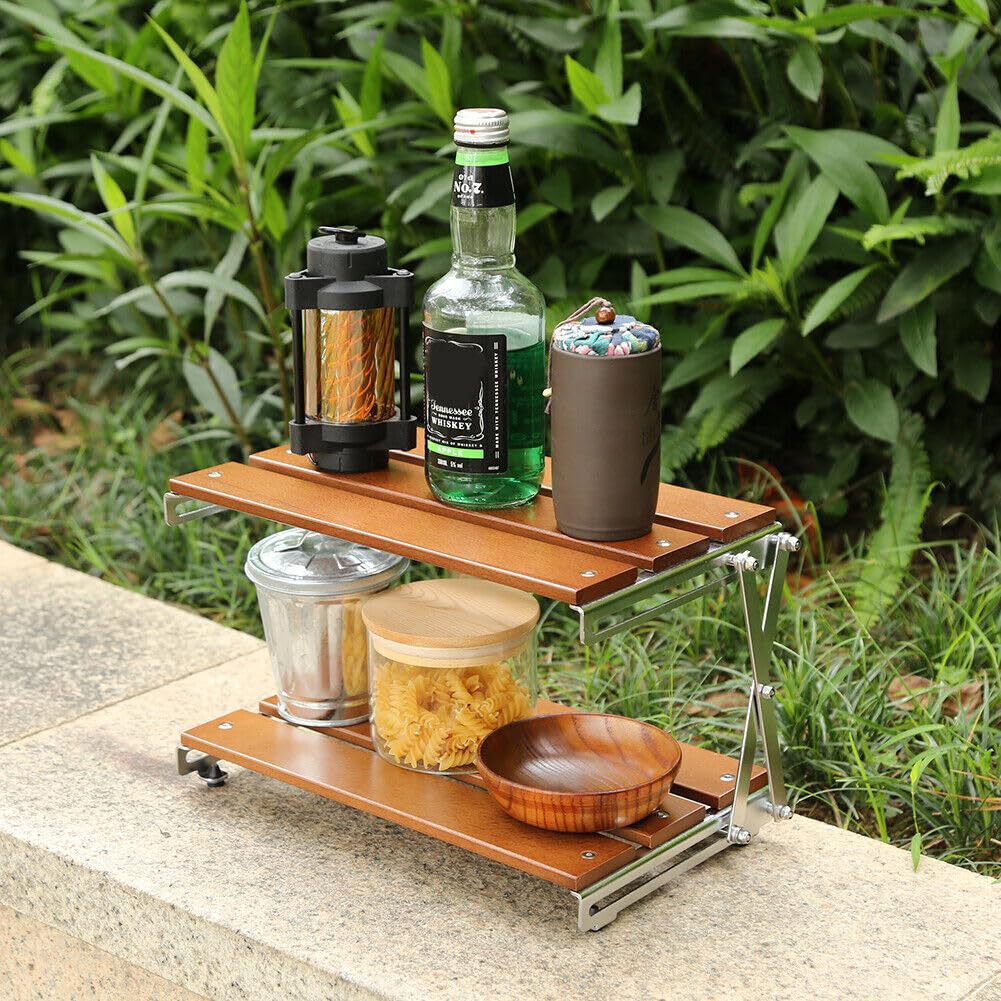 VANZAVANZU Folding Storage Rack 2-Tier Natural Wood Desktop Organizing Rack Multi-Function Indoor Outdoor Household Storage Shelf for Camping & Kitchen (yellowish brown)