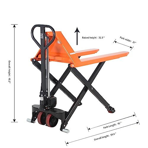 Tory Carrier Manual Scissor Pallet Jack Hand Truck Lift 2200lbs Capacity, 45" Lx27 W Fork, 3.3'' Lowered, 31.5'' Raised Height