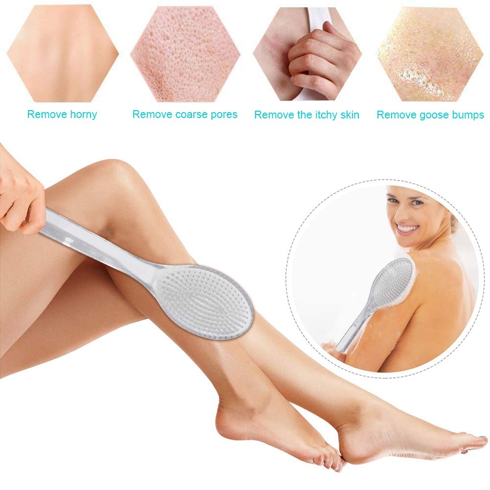 Mczxon Body Brush Dry Brushing Back Scrubber with Curved Plastic Long Handle Clear Bath Shower Brush Dry Skin Exfoliating Cellulite Brush for Men and Women(Transparent Handle)