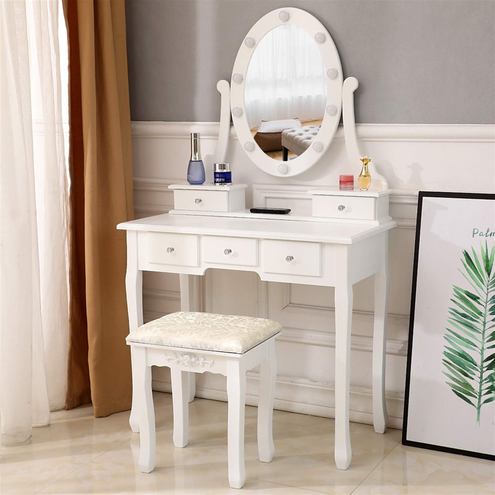 IMGDD Vanity Desk with Mirror and Lights with Light Bulb,Single Mirror Makeup Vanity 5 Drawer Dressing Table,Vanity Mirror with Lights Desk and Chair Makeup Desk White