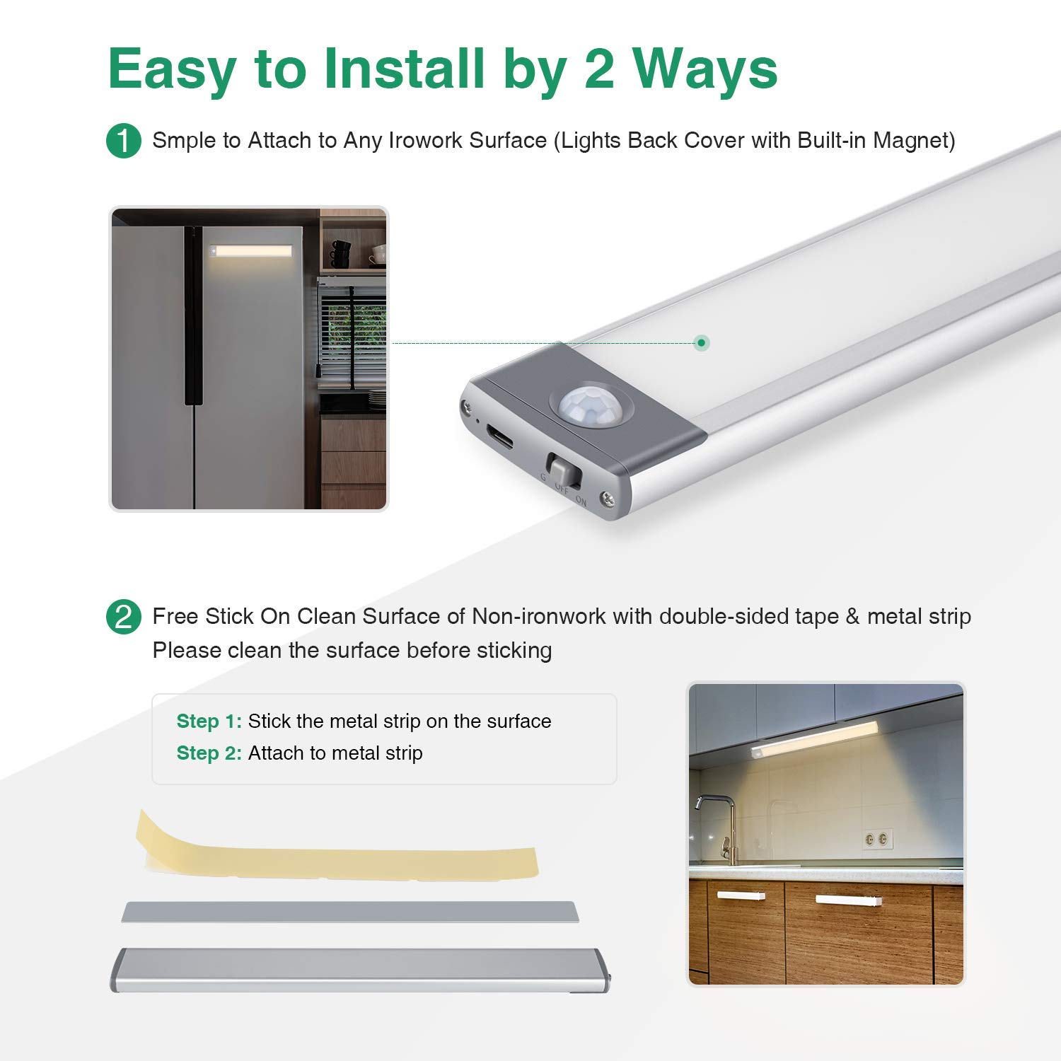 Motion Sensor Cabinet Light 2500mAh 2 Packs Rechargeable 54LED Under Counter Closet Lighting, Wireless Night Light for Cabinet, Drawer, Wardrobe, Kitchen, Hallway