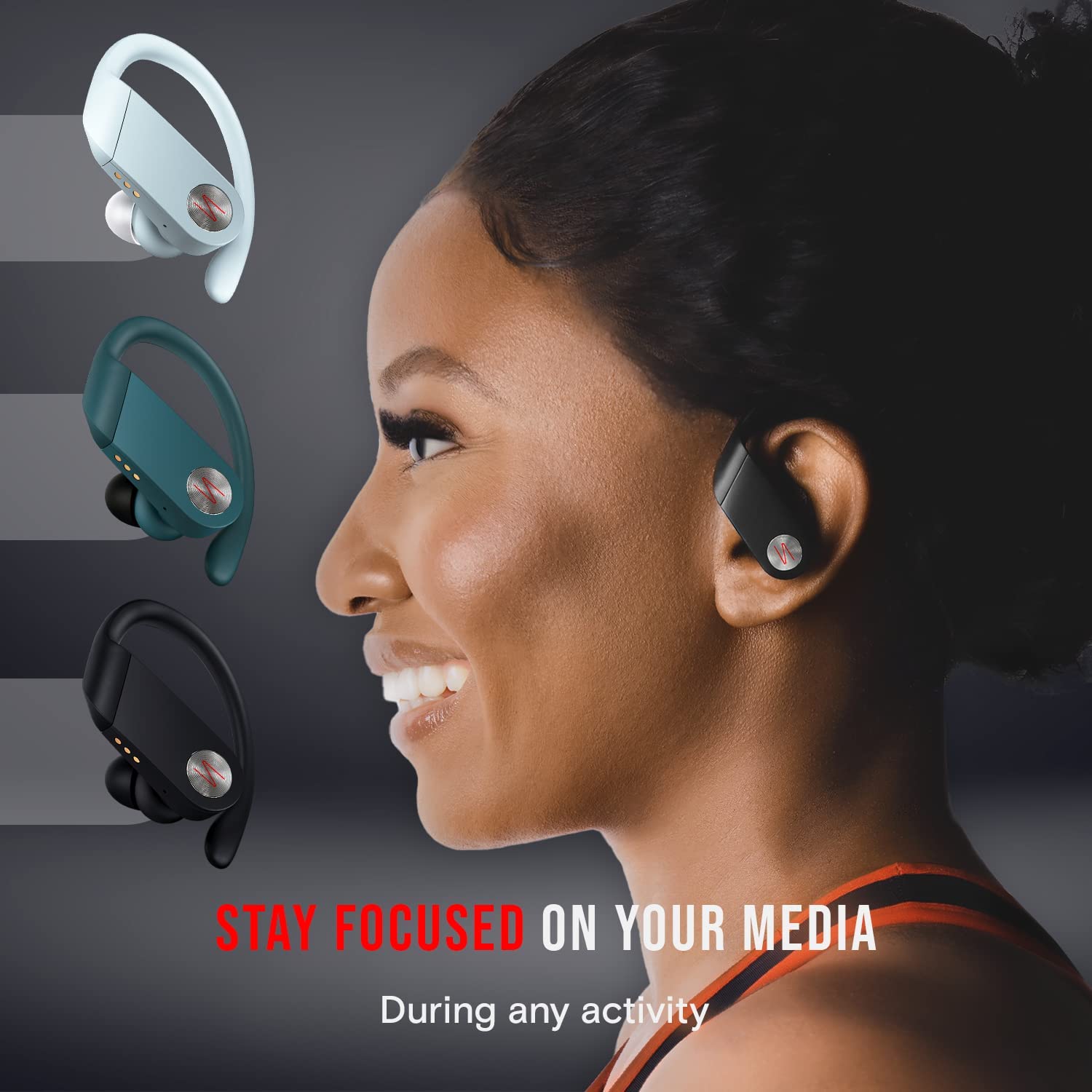 Symphonized Sports Wireless Earbuds - Water Resistant Bluetooth Headphones with Microphone, Earhooks and LED Charging Display, Black