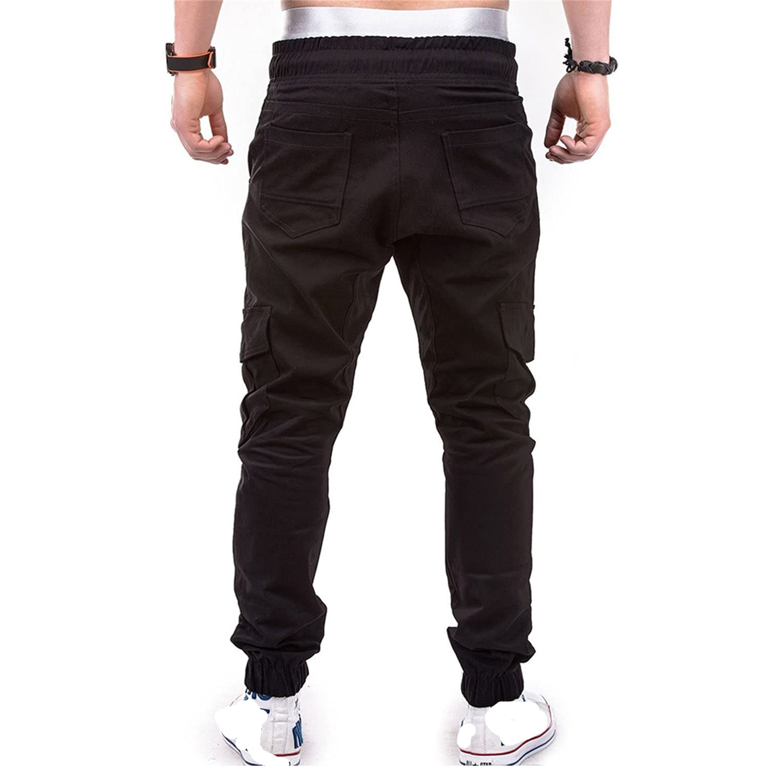 Men's Drawstring Waist Military Jogger Pants Hip Hop Cargo Multi Pockets Trousers Casual Slim Fit Athletics (Black,Small)