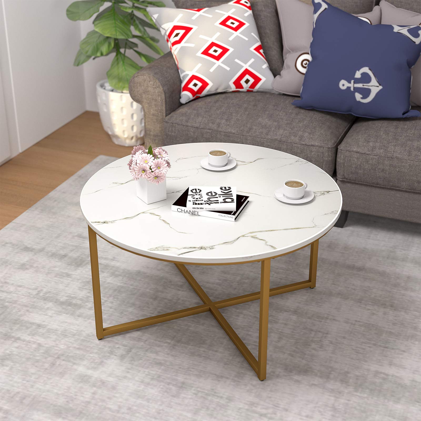 mecor Round Coffee Table, Modern Center Table with Faux Marble Surface top & Gold Metal Legs, Sofa Table for Living Room, Home Office - Marble/Gold