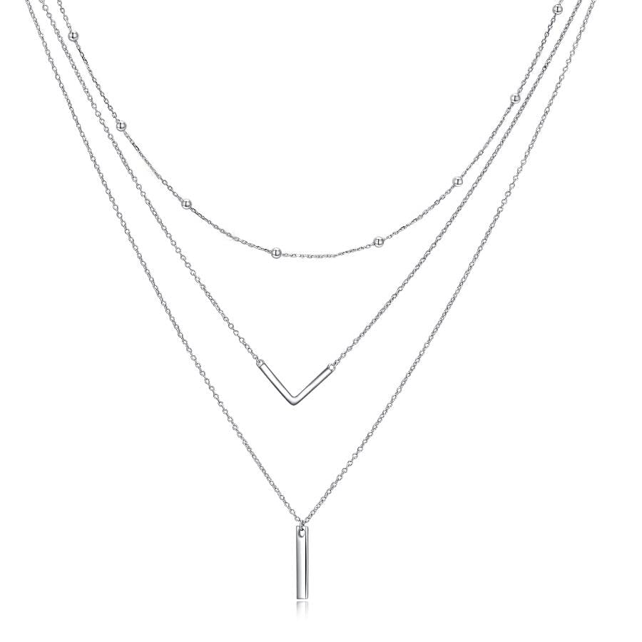 MONGAS Bar Layered Necklaces S925 Sterling Silver Multilayer Triple Long Chain Pendant Necklace Christmas Jewelry for Women