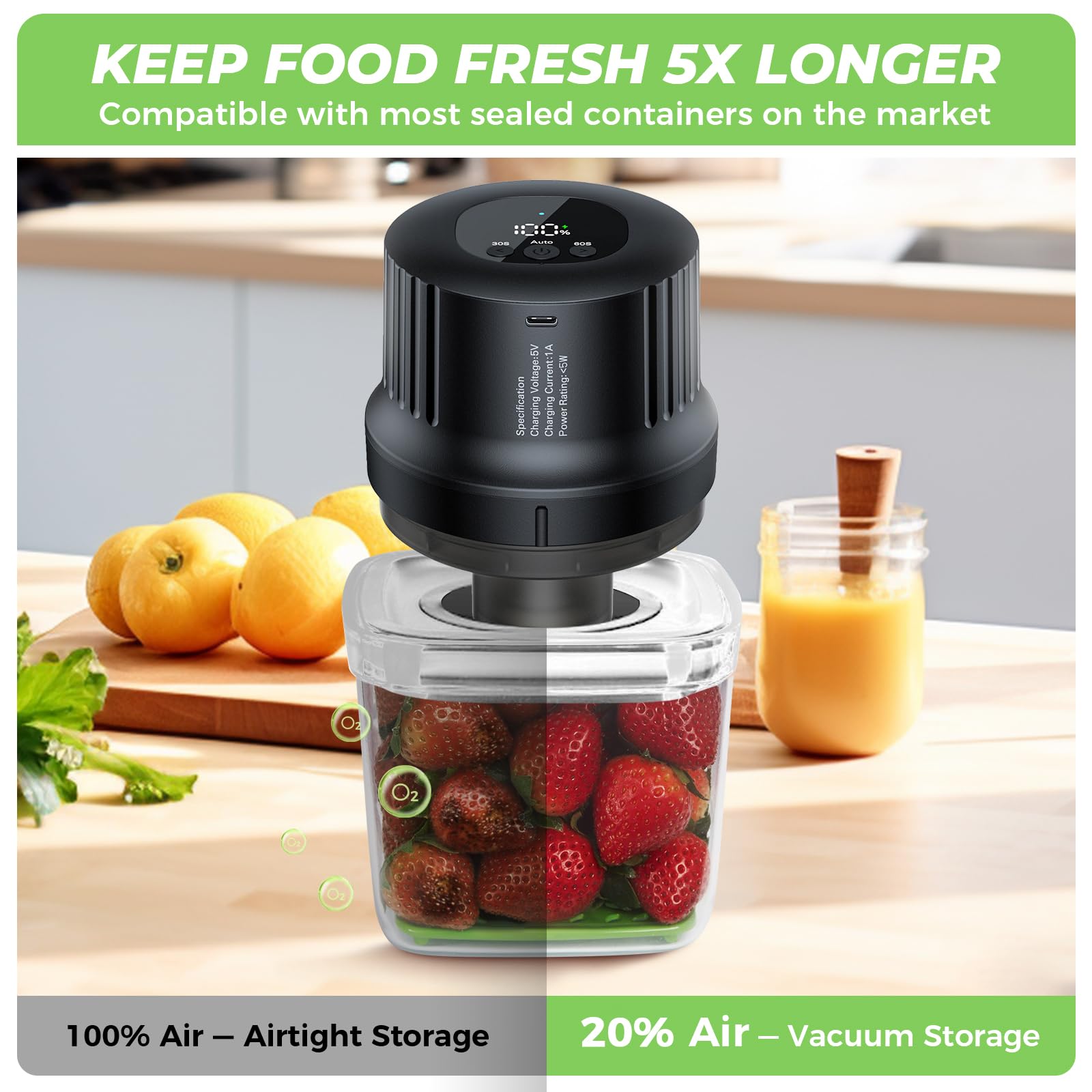 YANOY Electric Mason Jar Vacuum Sealer Kit for Wide Mouth and Regular Mouth Mason Jars, Food Saver Bags & Vacuum Seal Containers, ๐ฎ๐ฌ๐ฎ๐ฐ ๐๐ฆ๐๐ซ๐ญ ๐๐ฉ๐ ๐ซ๐๐๐ - ๐๐ฅ๐๐๐ค ๐๐ซ๐จ