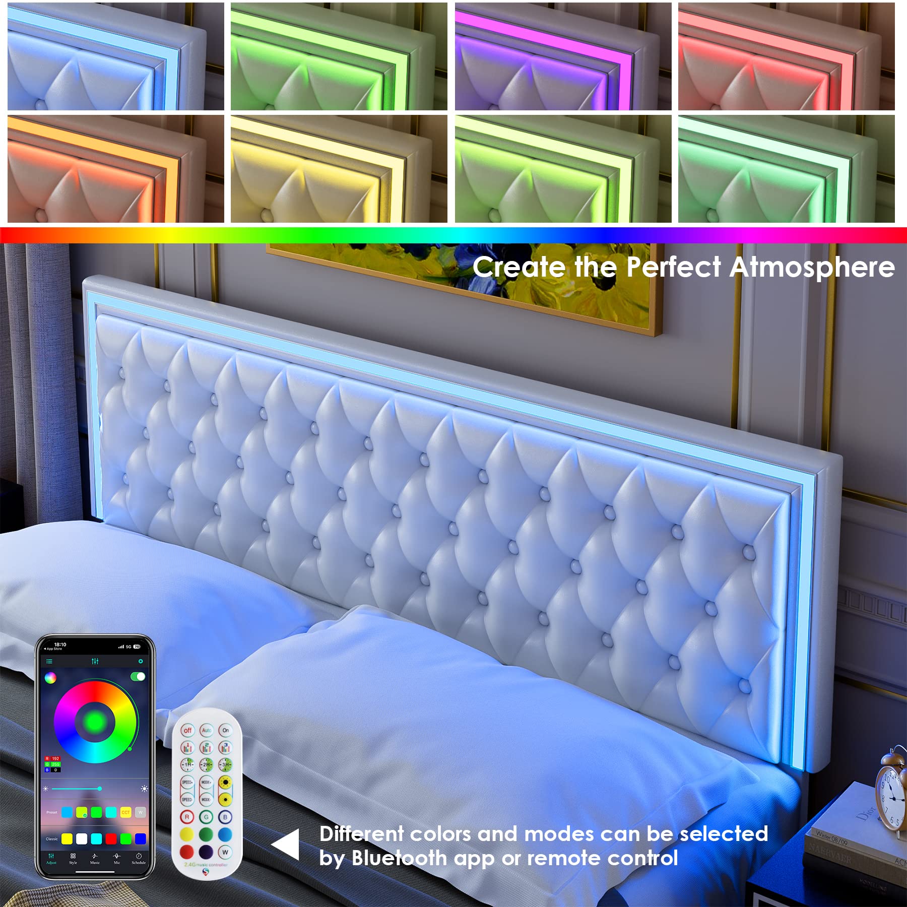 Keyluv King Upholstered LED Bed Frame with 4 Drawers, Pu Leather Platform Storage Bed with Adjustable Button Tufted Headboard and Solid Wooden Slats Support, No Box Spring Needed, White