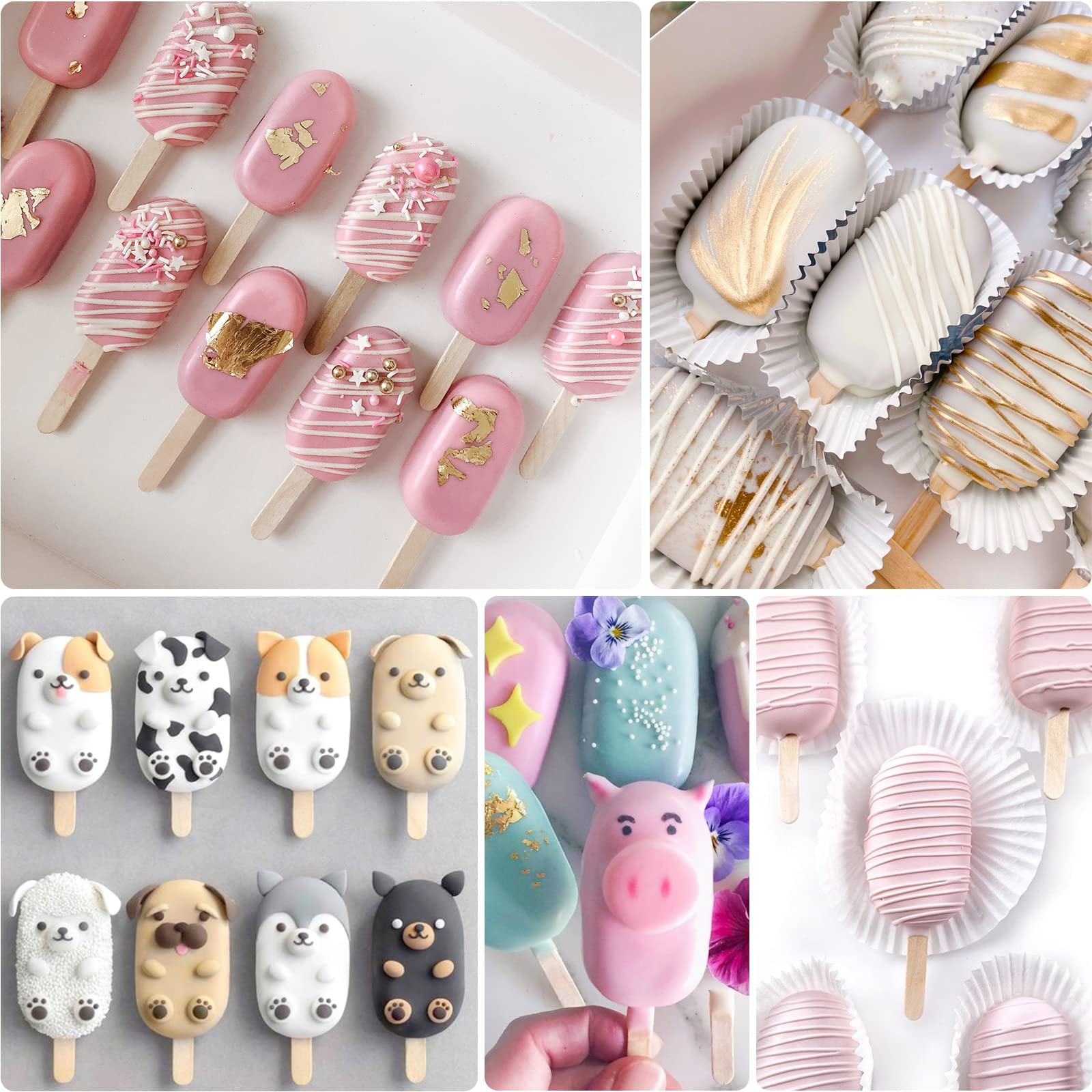 Sakolla 3 Pack Large Popsicle Molds 4 Cavities Cake Pop Silicone Molds Oval Ice Cream Cakesicle Molds for Chocolate Baking with 100 Wooden Sticks