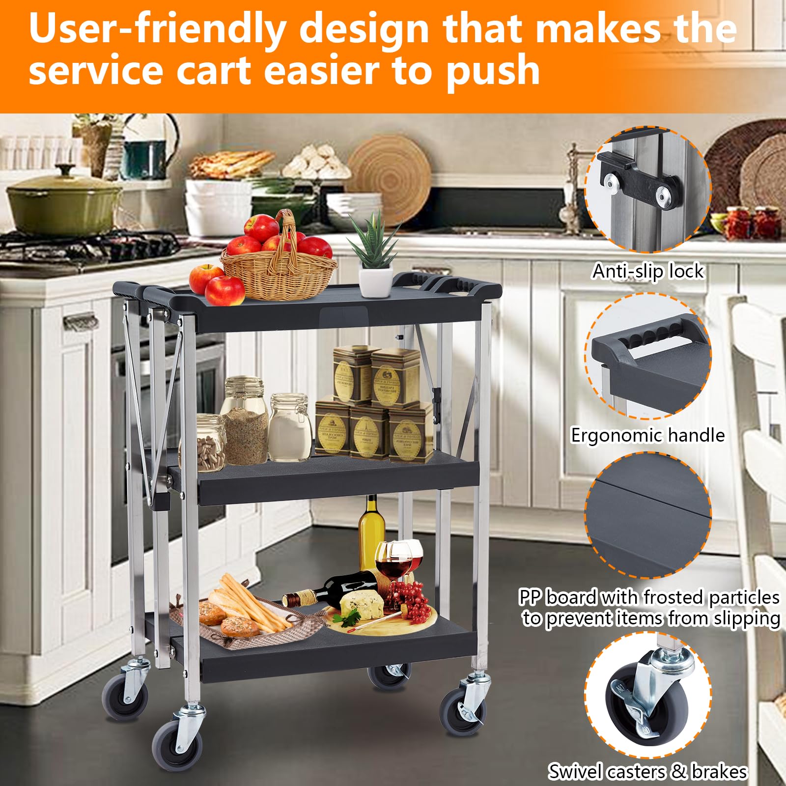 Zstar Foldable Service Cart, 3-Tier Heavy Duty Rolling Service Cart with Lockable & Silent Wheels, 330 lbs Load Capacity, Professional Utility Cart for Foodservice, Commercial,Office, Warehouse, Black