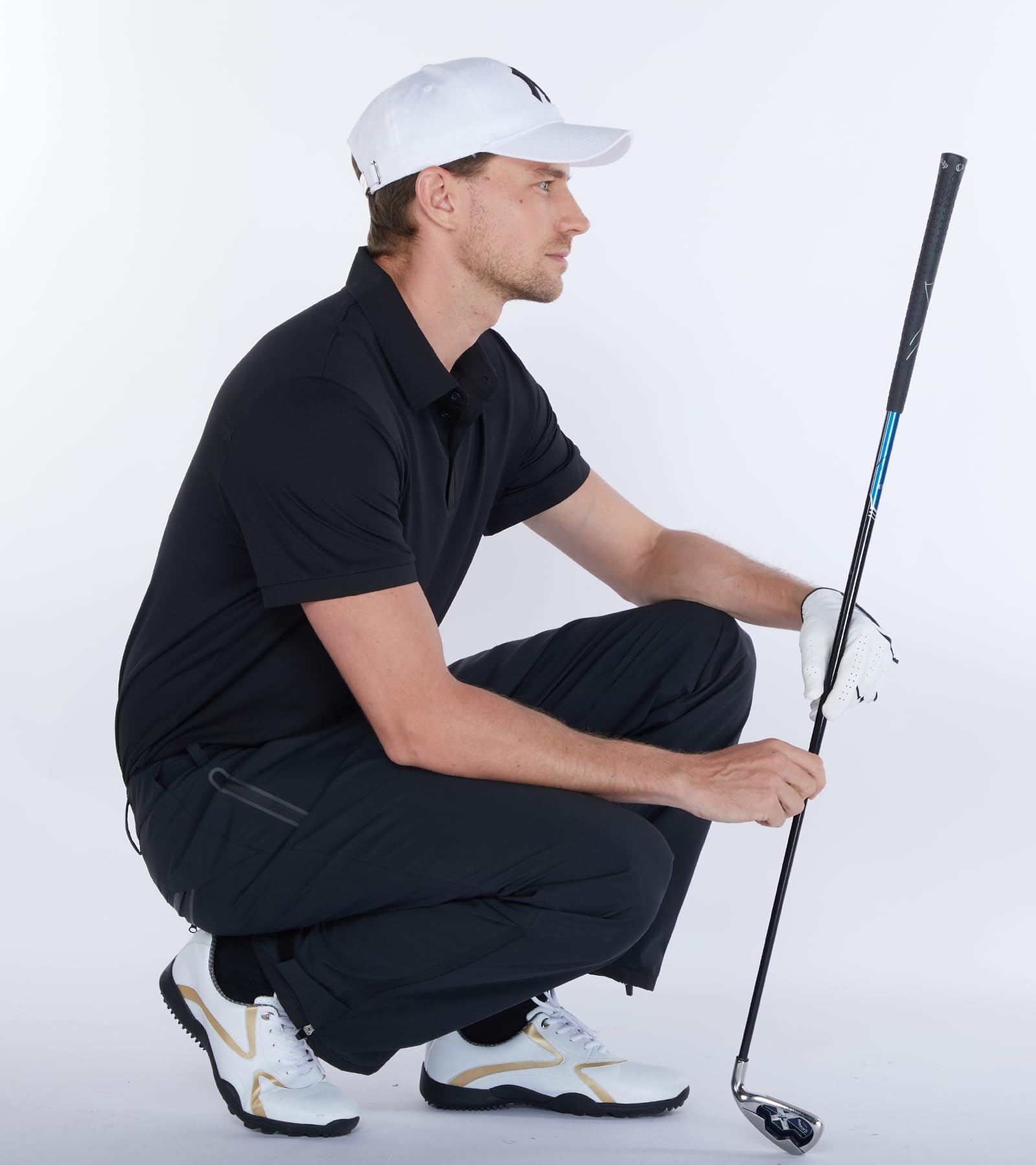 Men's Golf Pants Waterproof Comfort-Fit Rain Pants Lightweight Breathable Hiking Pants with Pockets (Black, L)