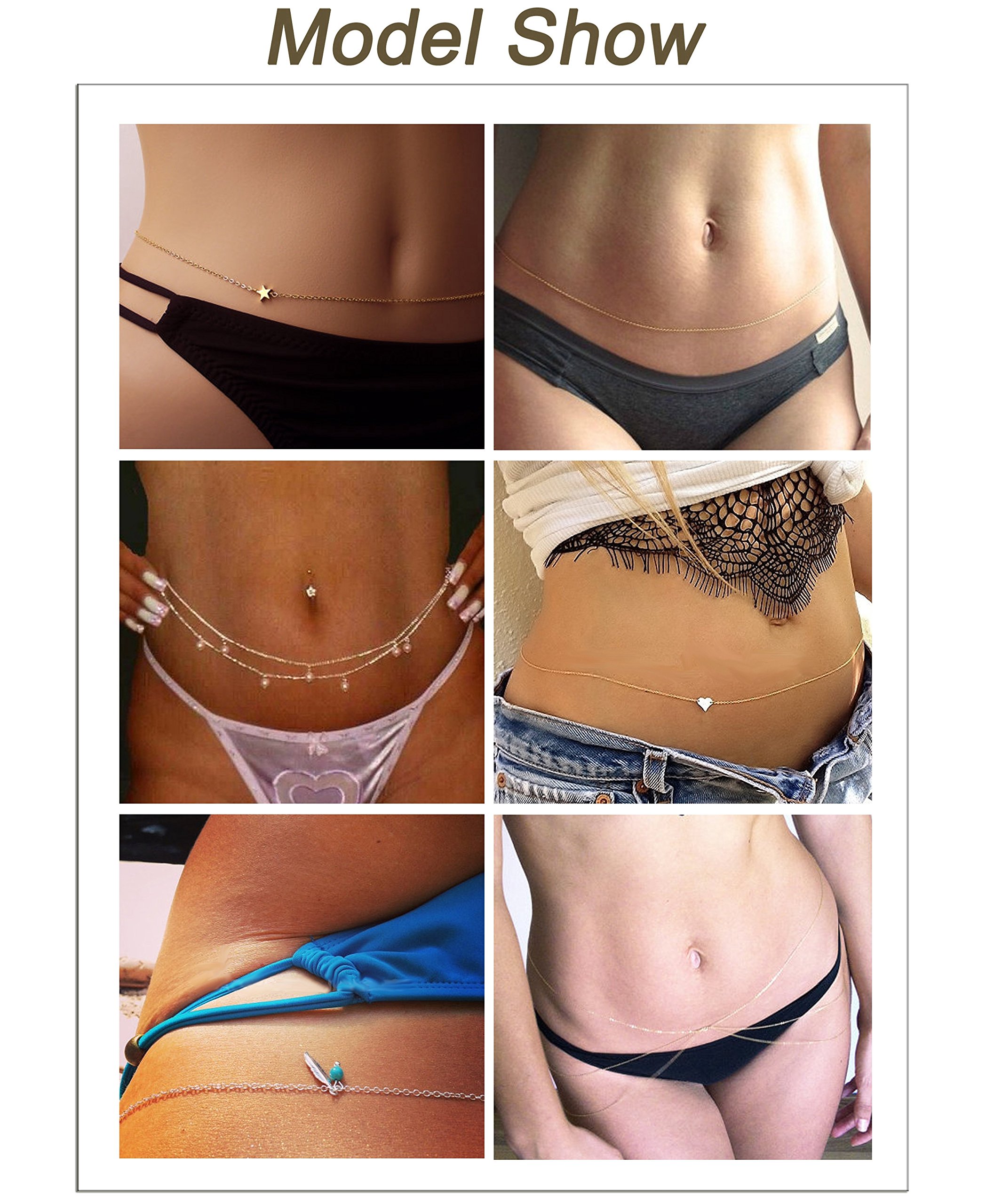 Masedy 12Pcs Sexy Waist Belt Belly Chains for Women Bikini Body Chain Beach Jewelry Set B-Silver tone