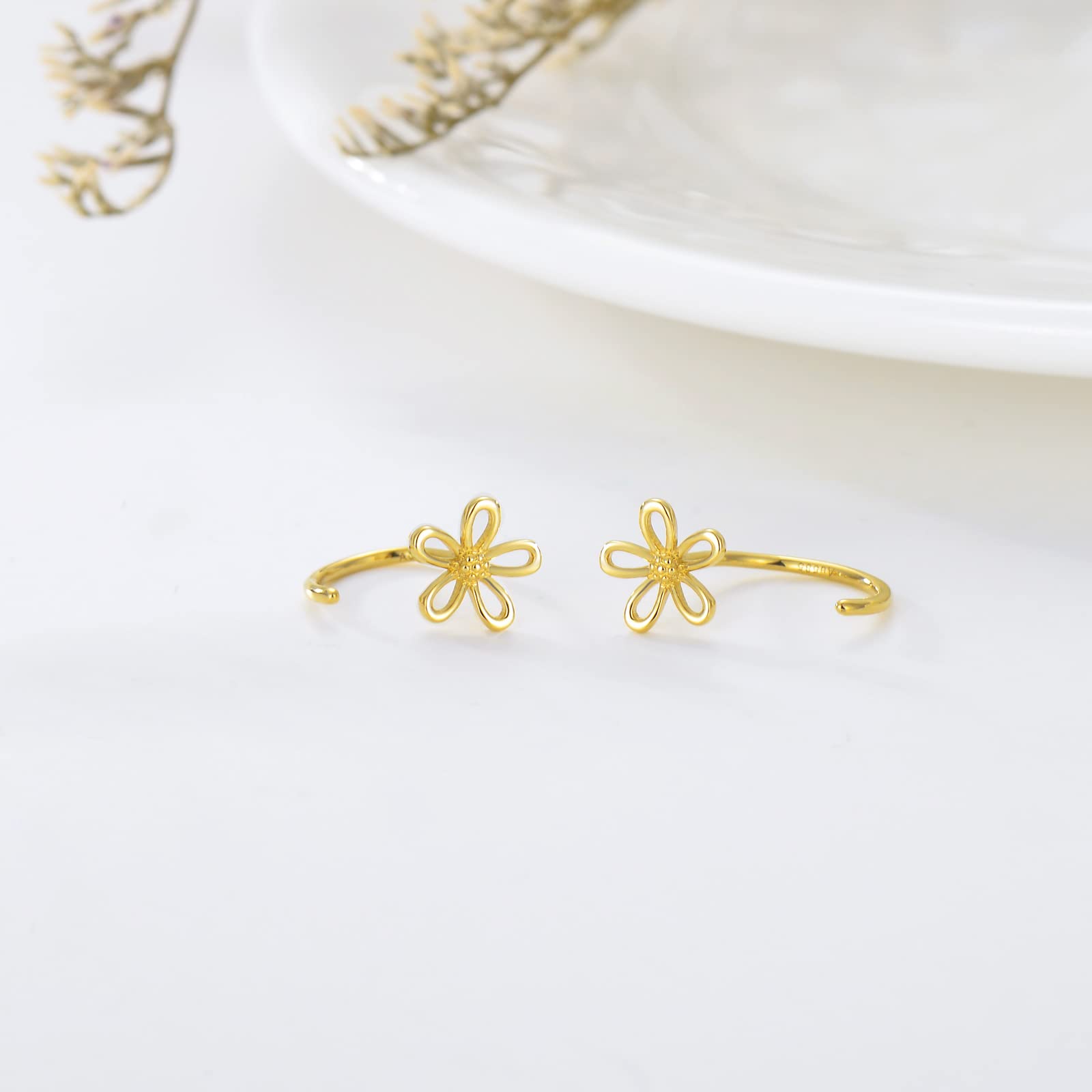 MRENITE Solid 14K Gold Daisy Half Hoop Stud Earrings Cute Daisy Open Hug Hoop Earrings for Women Everyday Fine Jewelry Gift for Her