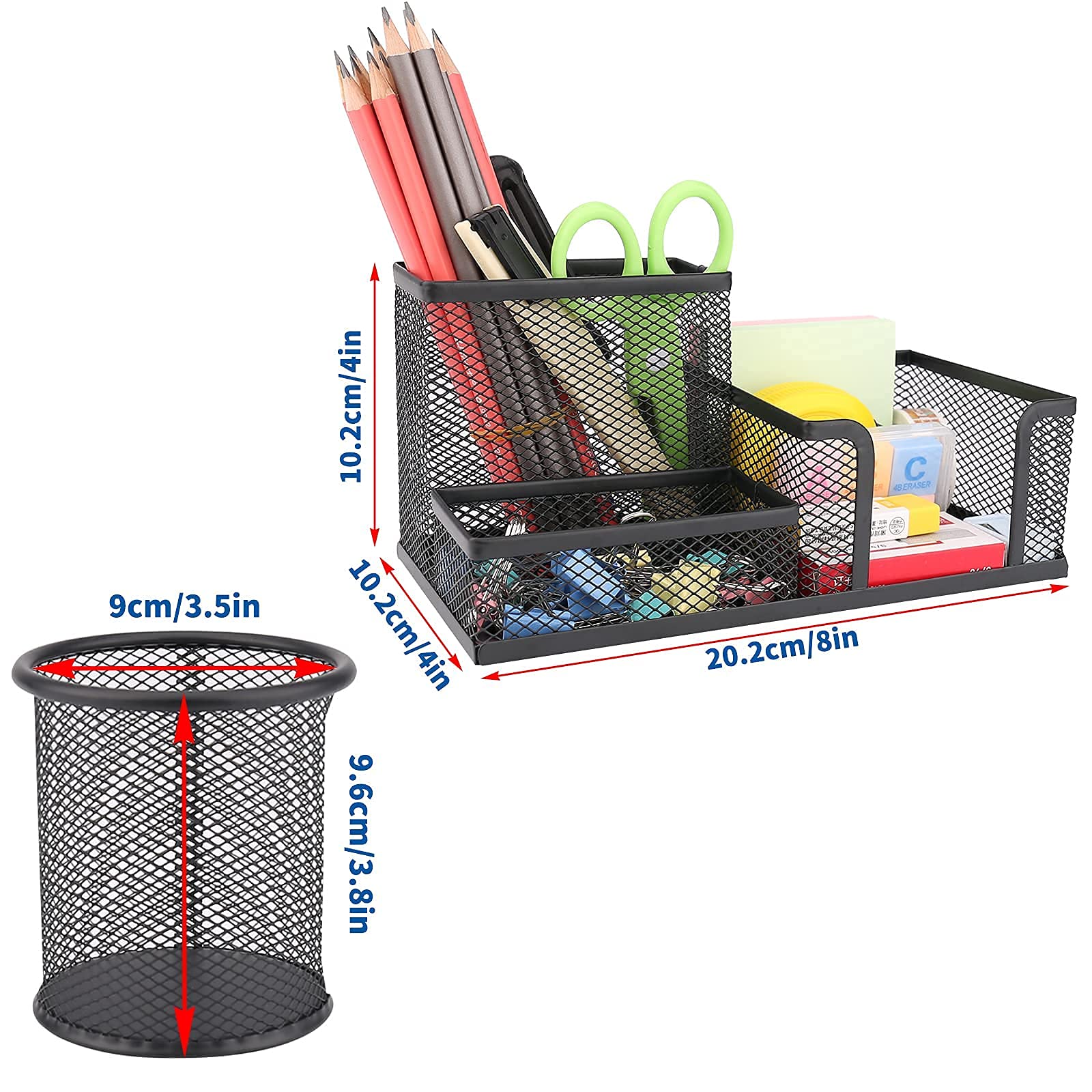 KeFanta Pen Holder Pencil Holders for Desk Pencil Cup,4 Compartments Pen and Pencil Holders,2 Piece Mesh Stationery Organizer for Office Desk,Black Office Supplies Accessory for Desktop