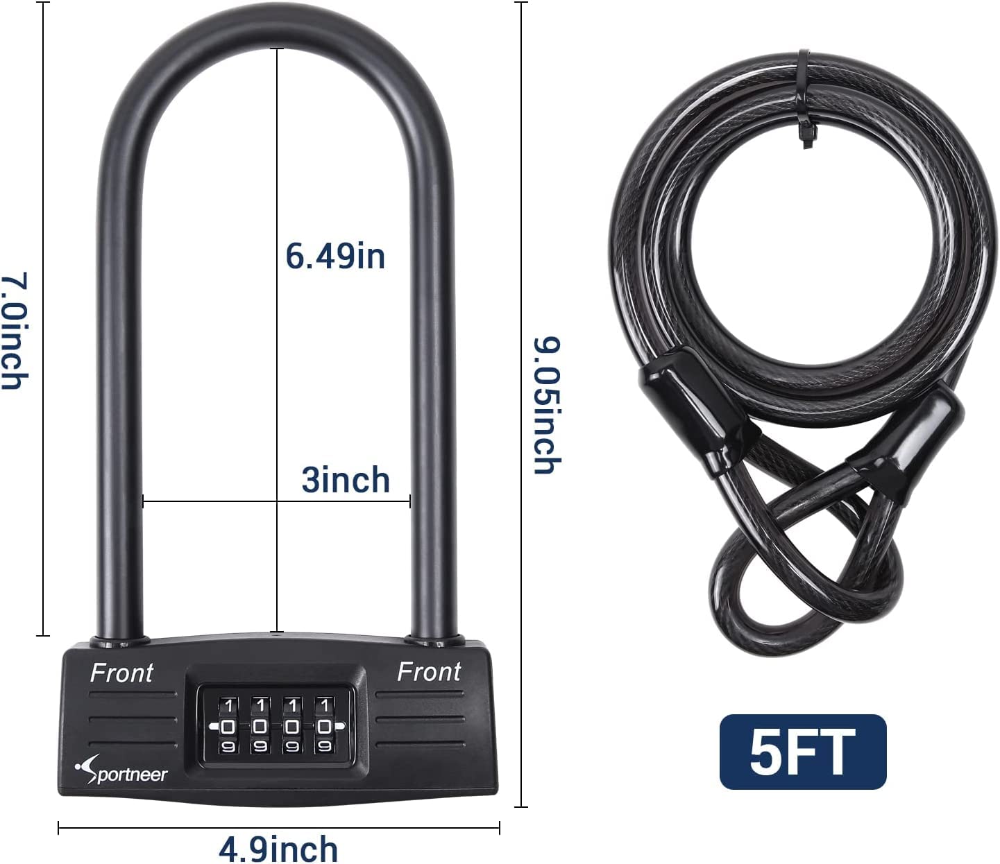Sportneer U-Shaped Bike Lock with Keyless Design, 10mm Zinc Alloy U-Lock, 5-Feet Steel Cable, Adjustable Mounting Bracket, 130 PSI Inflating Capability