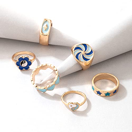 Minzaos Y2K Style Chunky Retro Resin Acrylic Ring Set Yin-yang Ring Heart Knuckle Ring Star Finger Ring Cute Lollipop Ring Statement Stackable Rings Set for Women Girls (Blue)