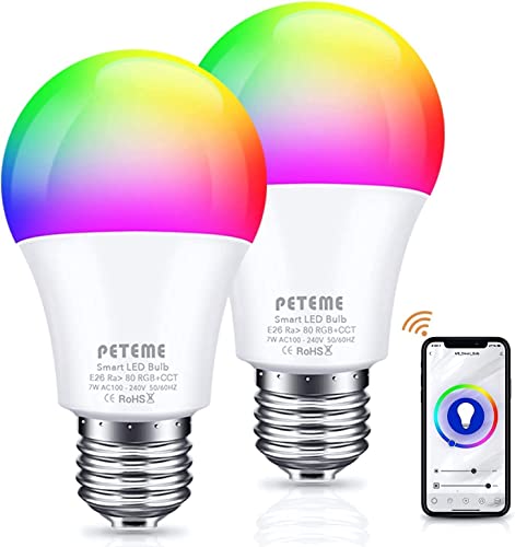 Peteme Alexa Smart Light Bulbs, RGB Color Changing WiFi Smart Bulbs That Work with Alexa, Siri, Echo, Google Home (No Hub Required), E26 A19 7W (2 Pack)