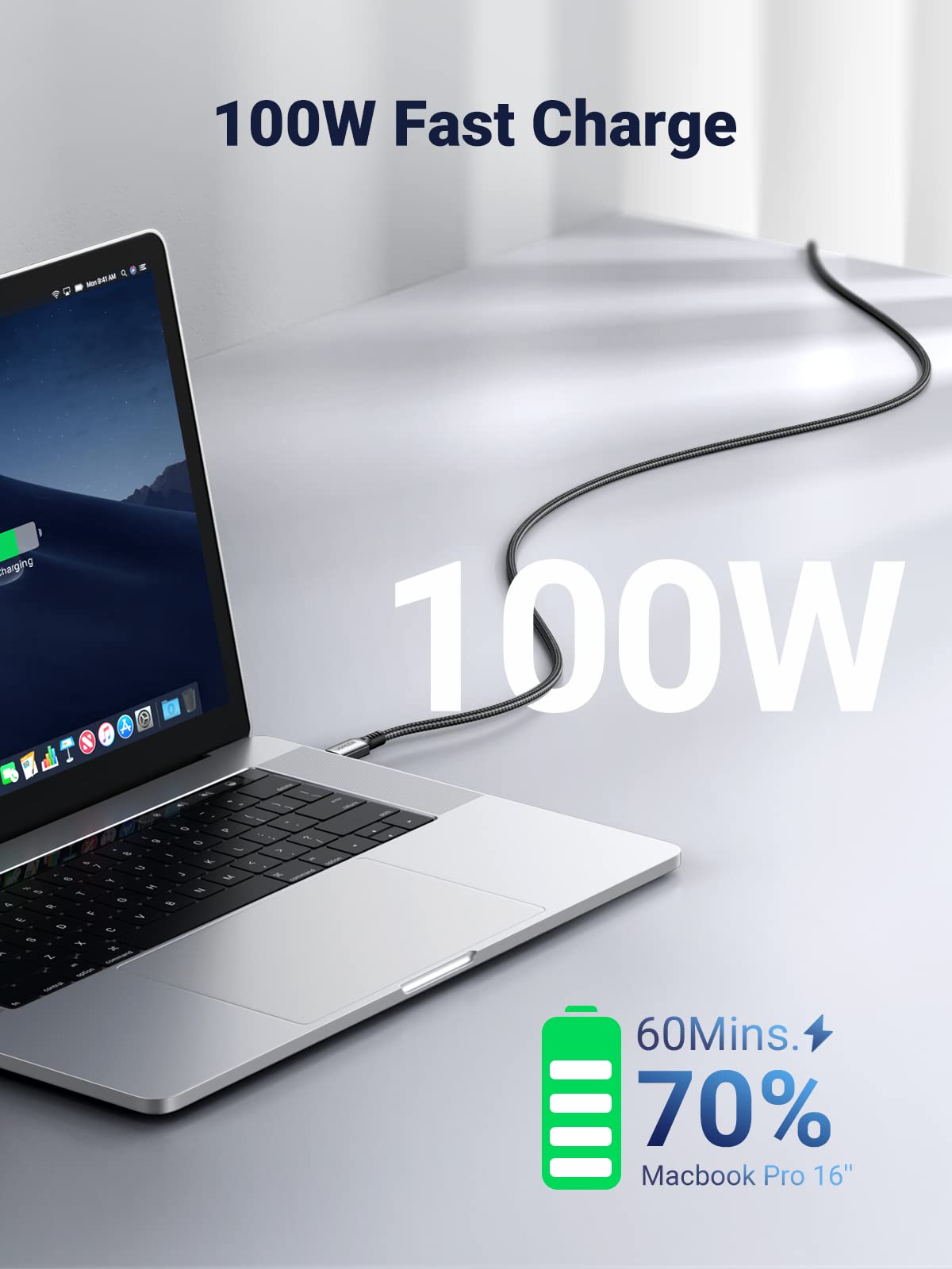 UGREEN 100W USB C to USB C Cable 5A PD3.0 Type C Cable Nylon Braided Compatible with MacBook Pro 2022, iPad Pro 2022, Samsung Galaxy S23/22/Z Fold, Google Pixel, PS5, Switch, etc. 6.6FT