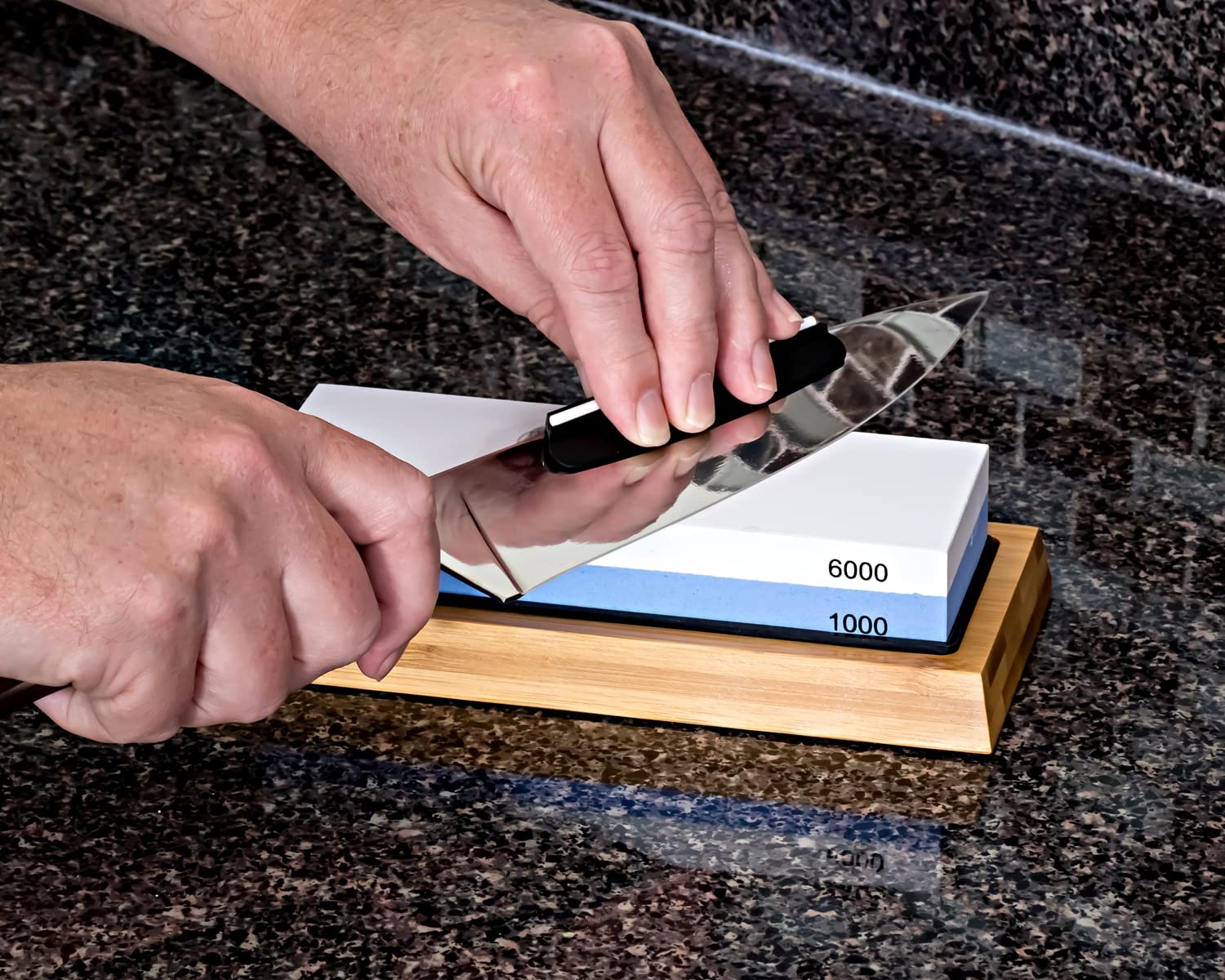 SharpEdge Premium Whetstone Knife Sharpening Stone Two Side Grit 1000/6000 Waterstone Knife Sharpener Non Slip Bamboo Base & Angle Guide