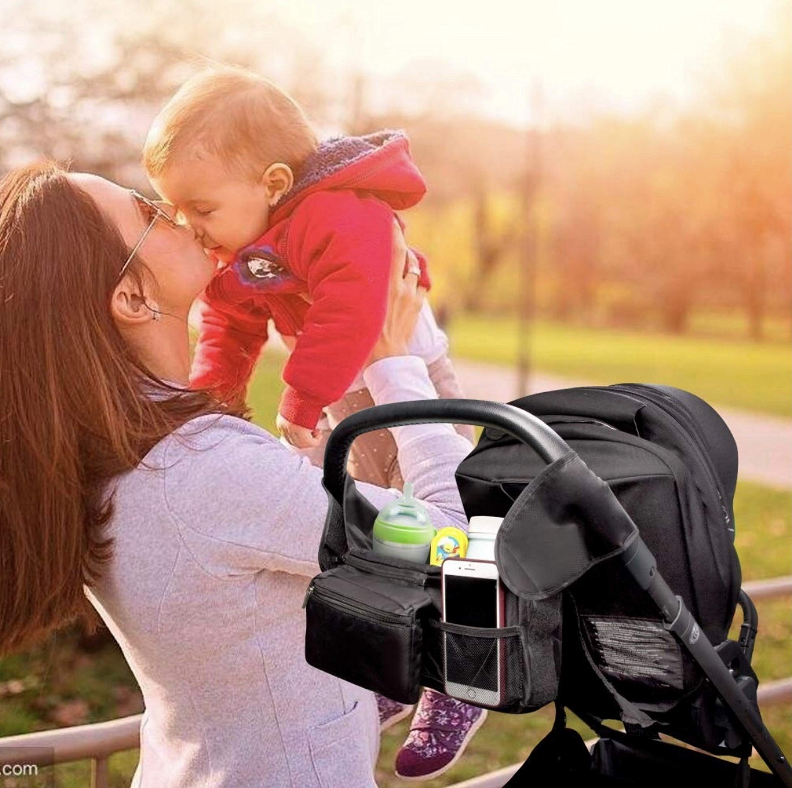 KOOKIDDOS Baby Stroller Organizer with Cup Holders Insulated, Baby Diaper Storage Organizers and Shoulder Strap Organizer Bag for Accessories, Fits Uppababy, Doona, Britax, Baby Jogger, Bugaboo, BOB