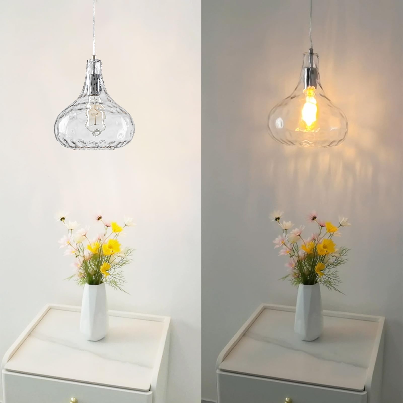 kelary Glass Pendant Light Hammered Clear Pendant Lighting Adjustable Glass Light Ceiling Fixture for Hallway, Kitchen Sink, Dinning Room, Living Room 2packs