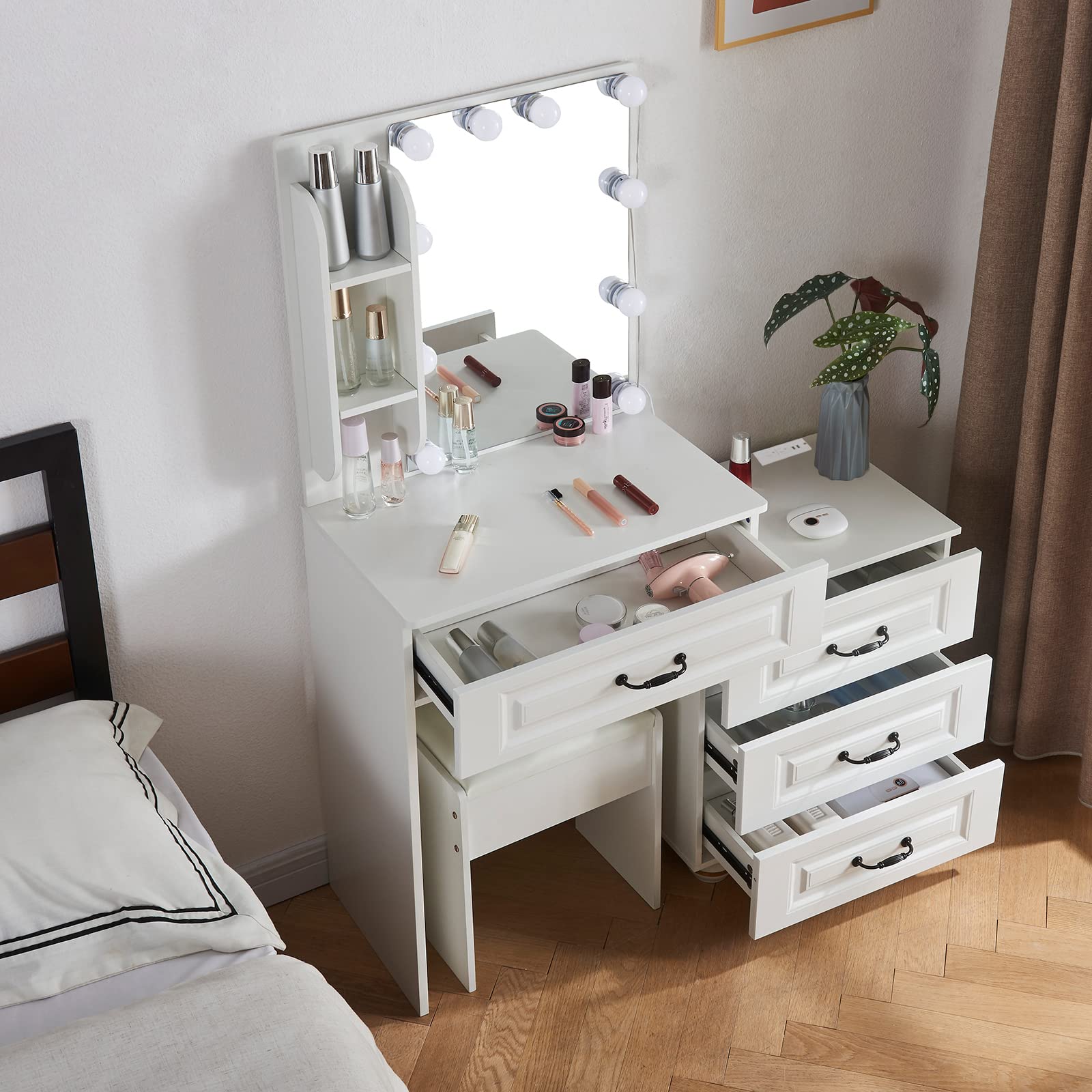 Jarbalai Makeup Vanity with 10 LED Bulbs Lighted Mirror, Modern Vanity Desk with Charging Station, White Makeup Dressing Table with 4 Drawers & Cushioned Stool Set for Bedroom