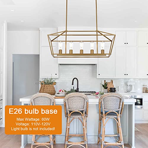 VINLUZ 5 Light Modern Kitchen Island Light in Gold Finish,Industrial Hanging Pendant Lighting Fixture with Metal Frame Linear Lantern Chandelier for Dining Room Foyer Cafe Bar