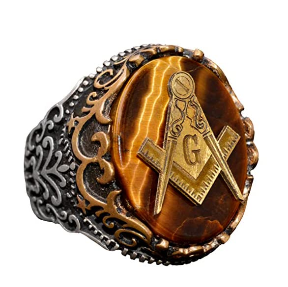 Men's Natural Tiger Eye Masonic Ring, 925 Sterling Silver, Handcrafted with Ornate Design