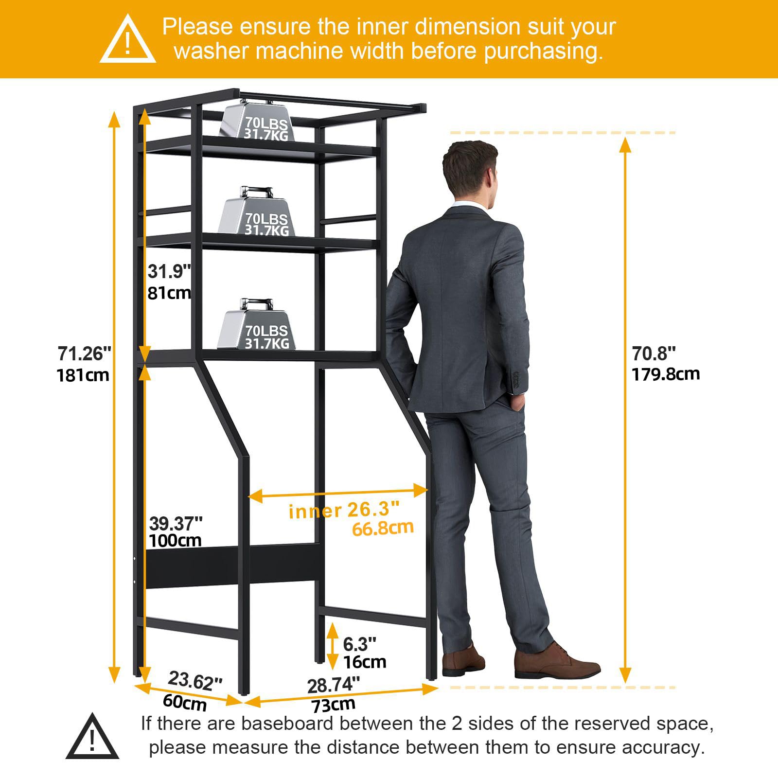 VZONE Over The Washer and Dryer Storage Shelf - All Steel Laundry Room Organizer Standing Shelf, Heavy Duty Clothes Drying Rack with Rod, Super Tough 28.74" L x 23.65" D x 70.8" H