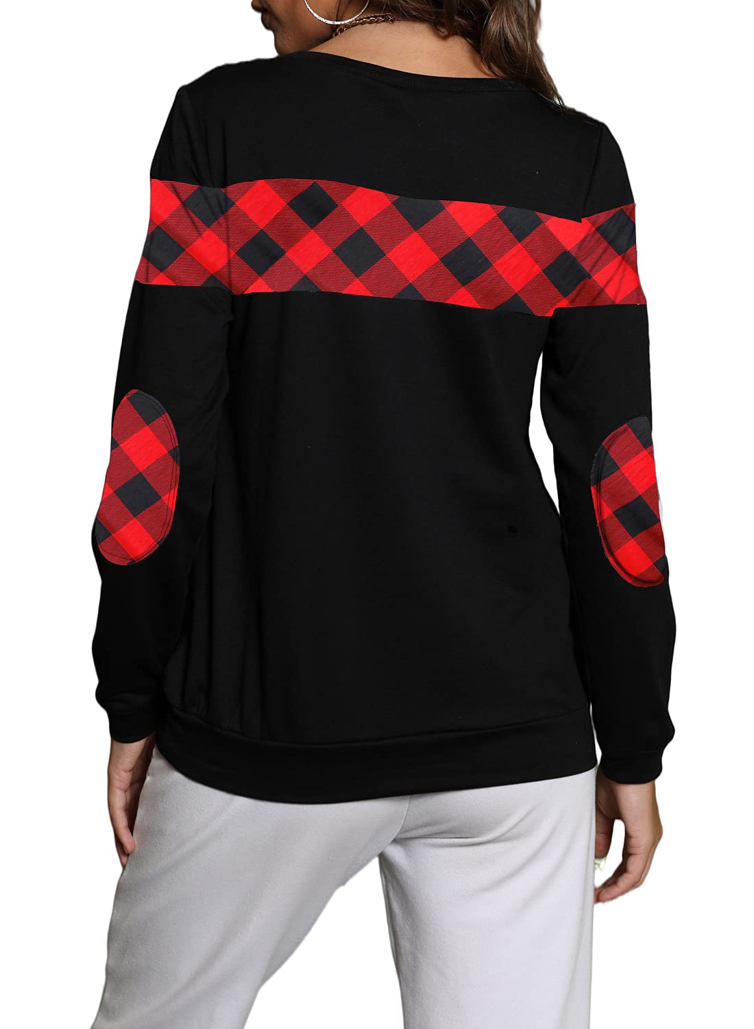 Mokayee Red and Black Buffalo Plaid Shirt for Womens Long Sleeve Color Block Crew Neck Tops Elbow Patch Casual Shirt Pullover Sweatshirt 2XL